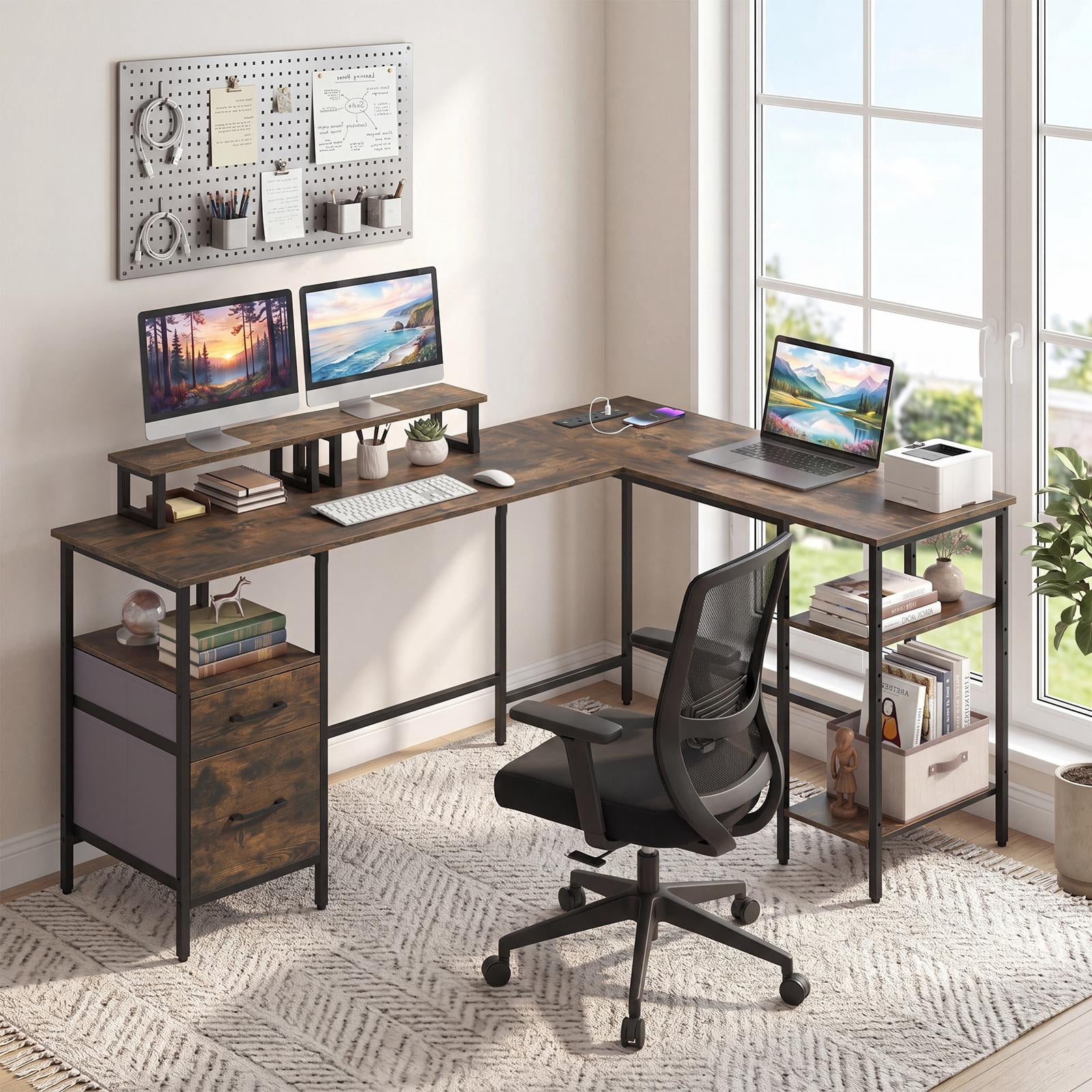 Costway 63” L Shaped Desk with Power Outlet with Monitor Stands, 2 ...