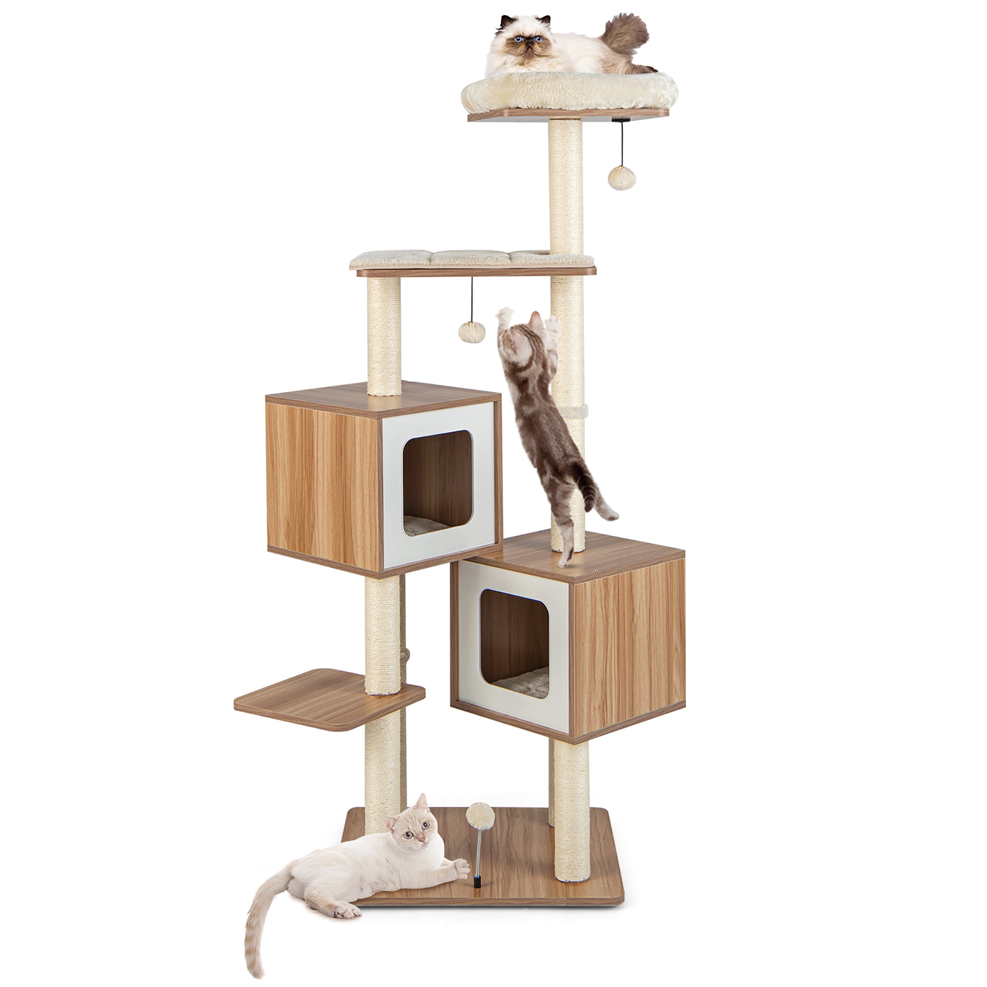 Costway 64.5'' Multi-layer Wooden Cat Tree, Indoor Kitty Playground ...