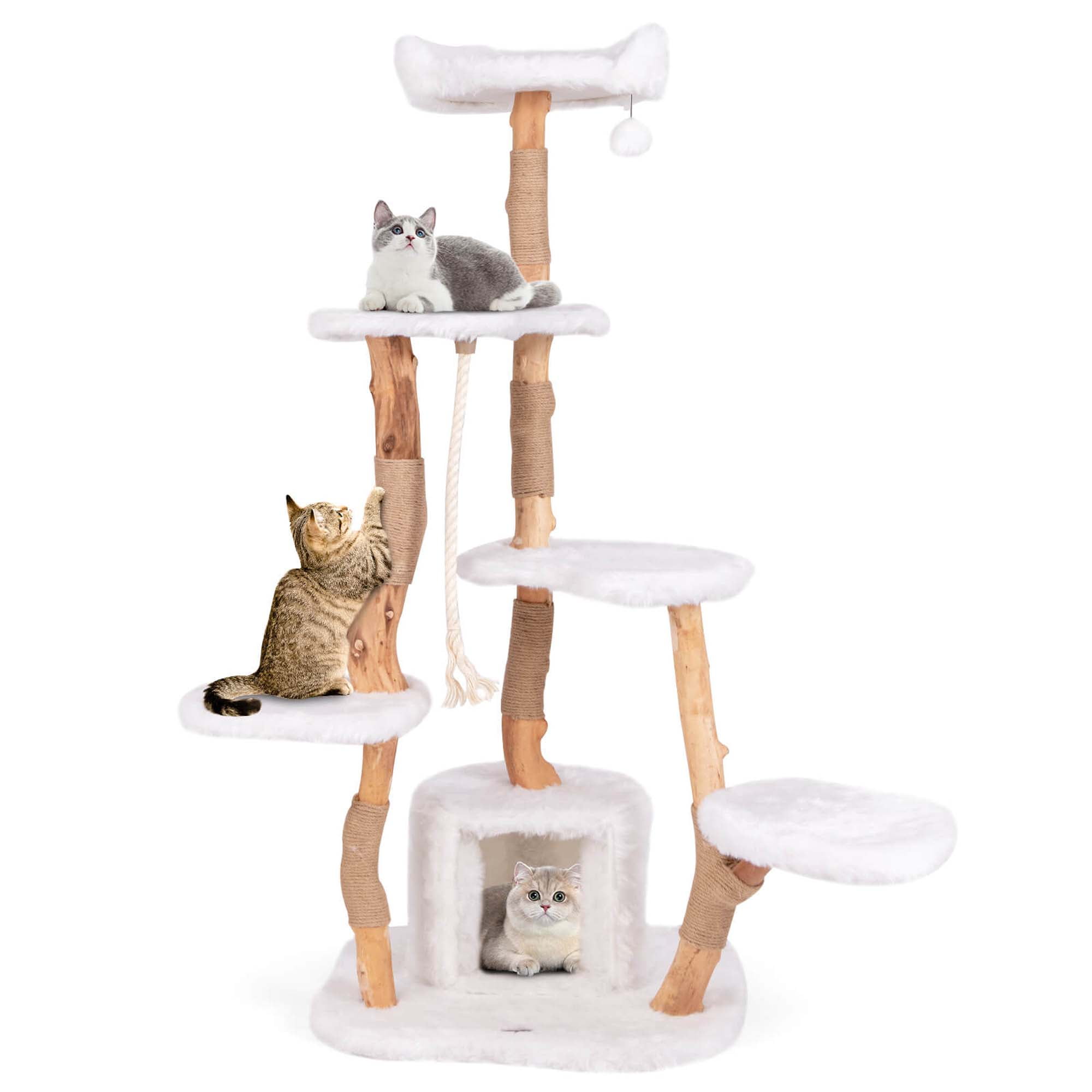 Costway 66" Tall Solid Wood Cat Tree with Perch Condo Jute Scratching ...