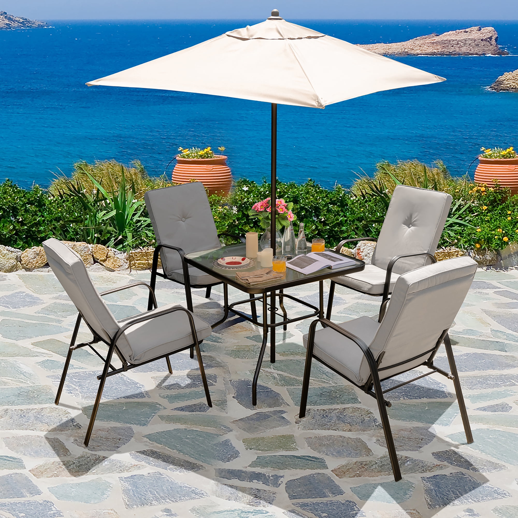 Costway 6PC Outdoor Square Dining Set with Umbrella, Stackable Chairs ...