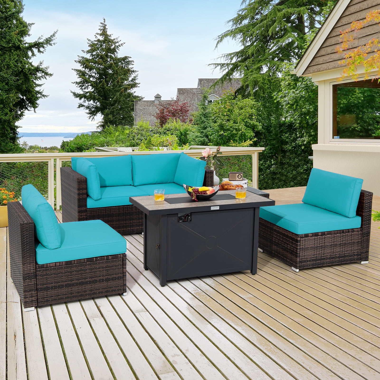 Costway 6PCS Patio Furniture Set Rattan Cushioned Gas Fire Pit Table ...