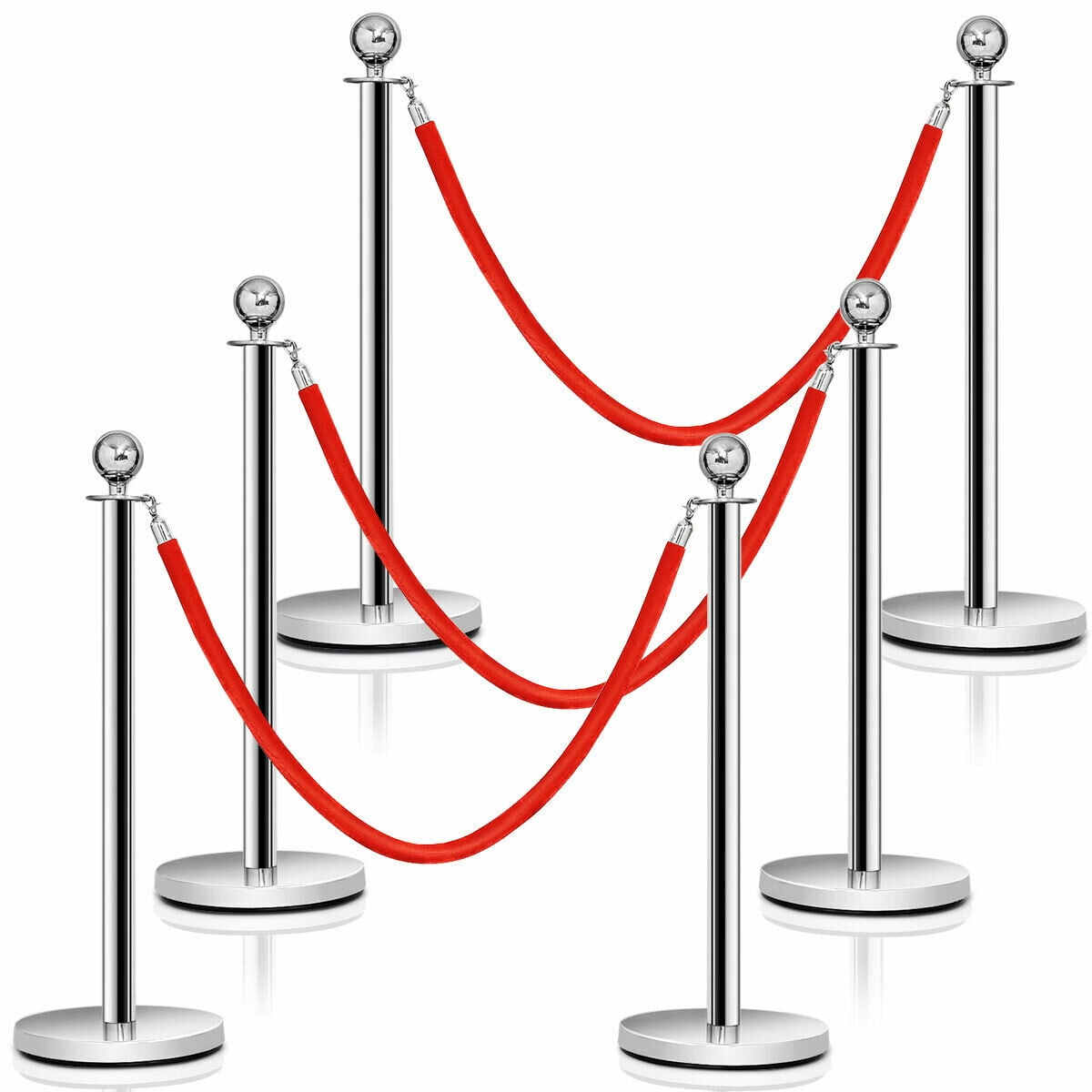 Costway 6Pcs Stanchion Posts Queue Pole Retractable 3 Velvet Ropes with ...