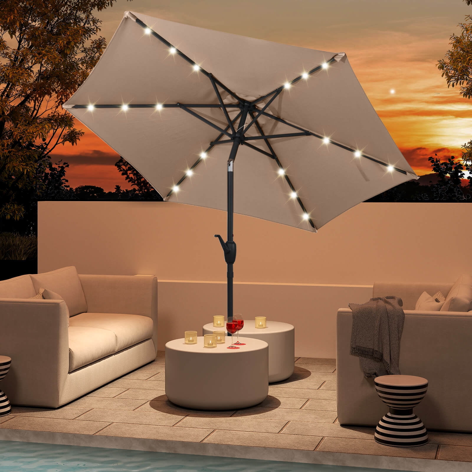 Costway 7.5 ft Solar Powered Patio Umbrella with LED Lights Push Button ...
