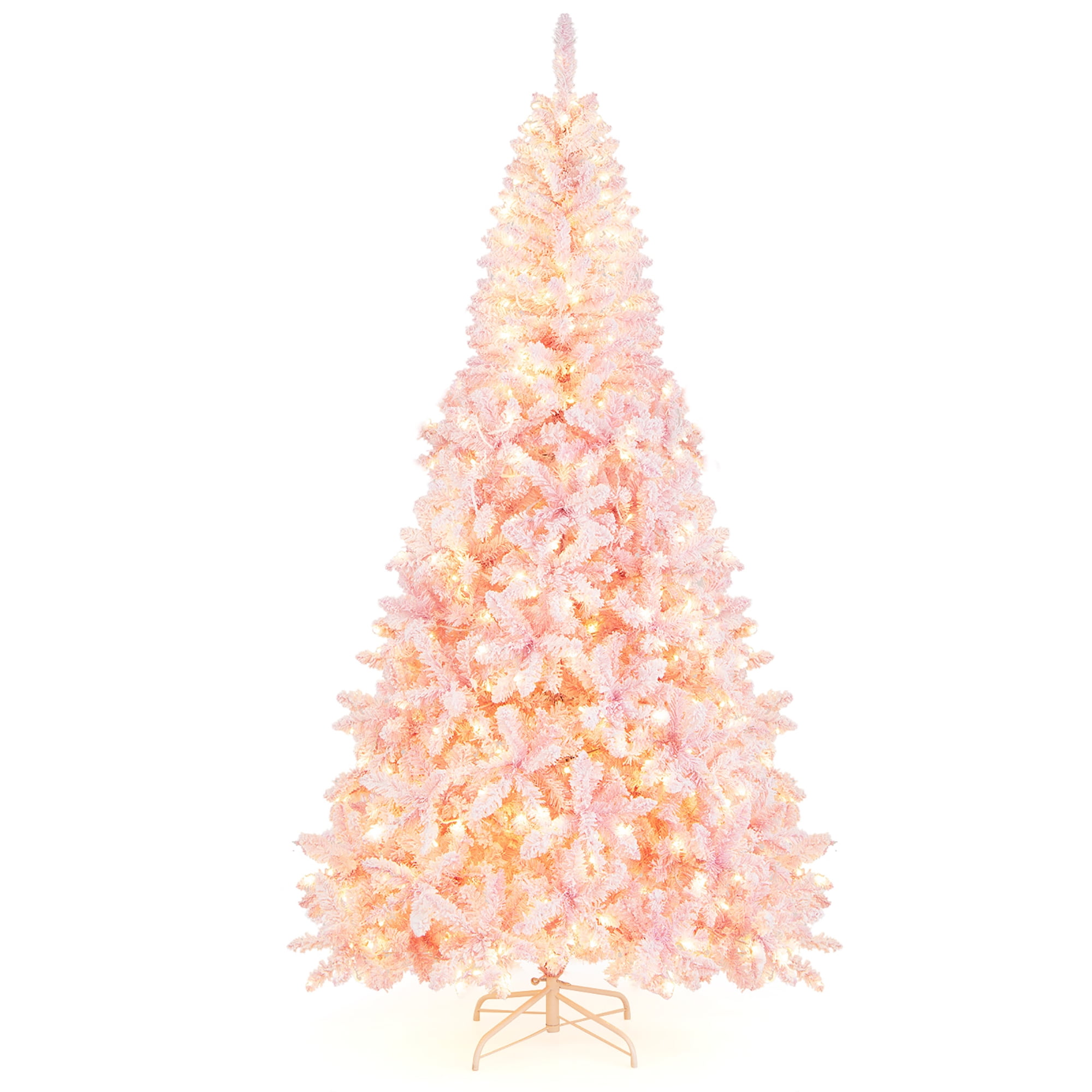 Costway 7.5FT Pre-Lit Snow Flocked Pink Christmas Tree with 1100 Tips ...