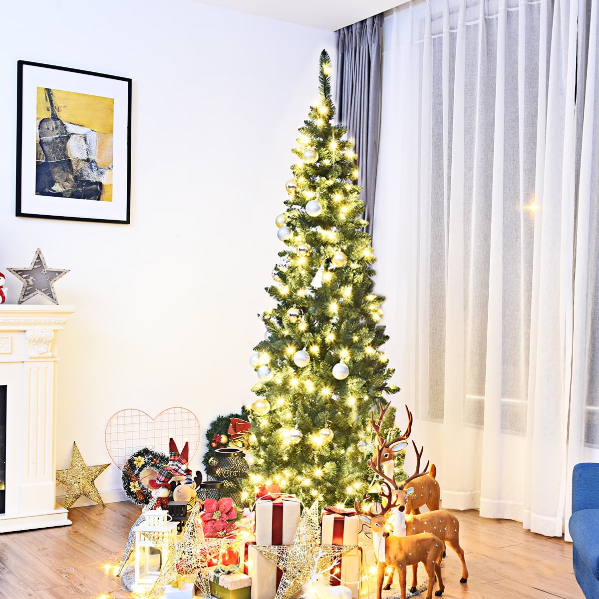 Costway 7.5ft Pre-Lit Foldable Narrow Pencil Christmas Tree with 350 ...