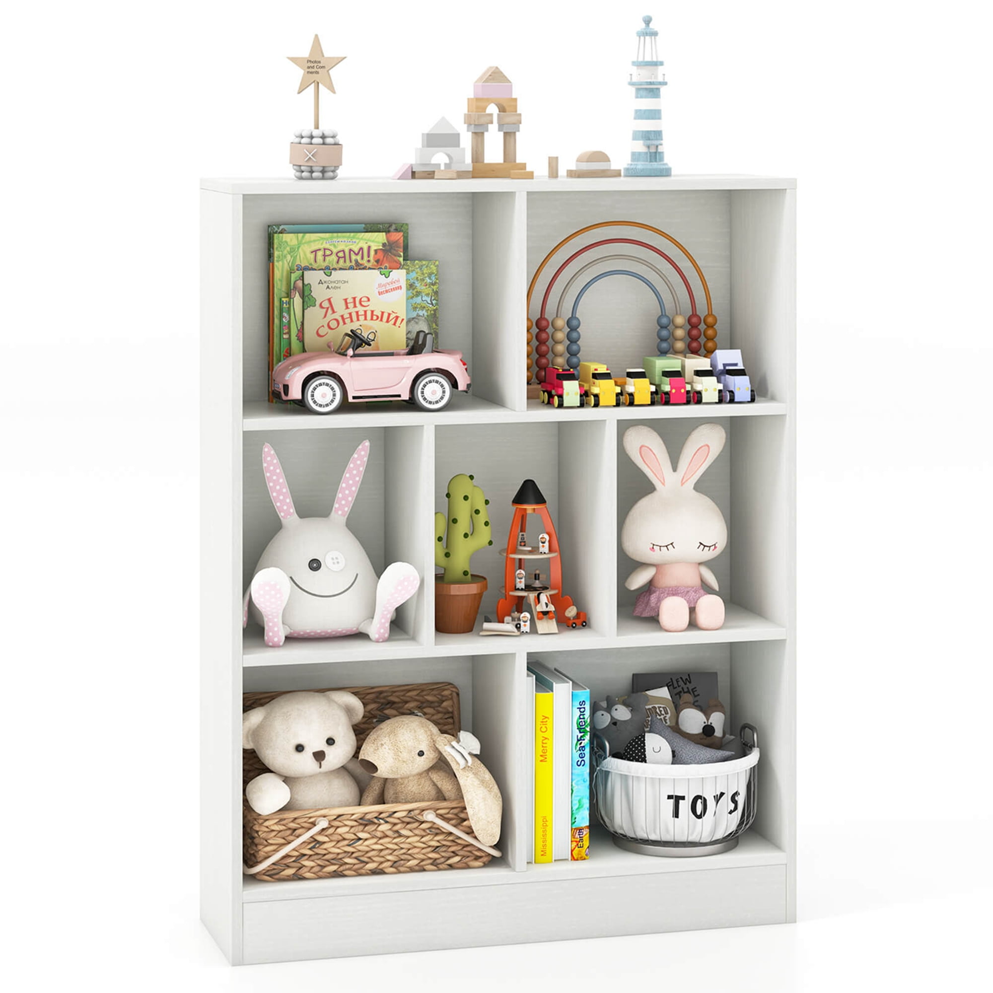 Costway 7-Cube Bookcase for Kids 41" Wooden Toy Storage Organizer ...