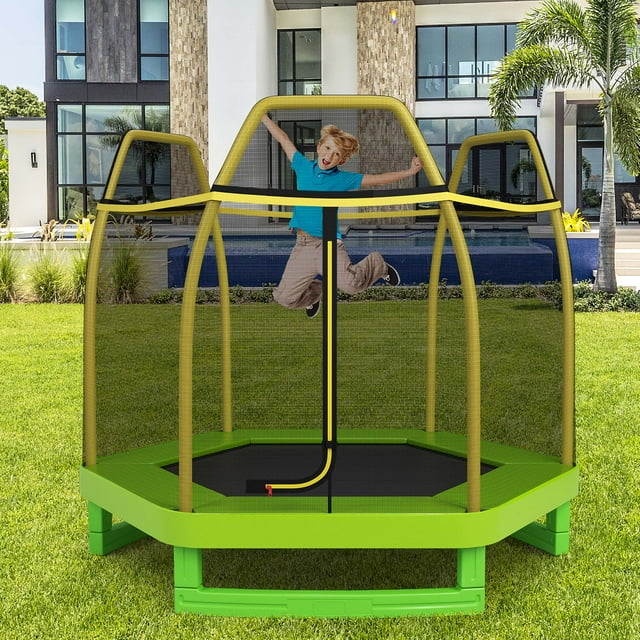 Costway 7 FT Kids Trampoline with Safety Enclosure Net Spring Pad ...