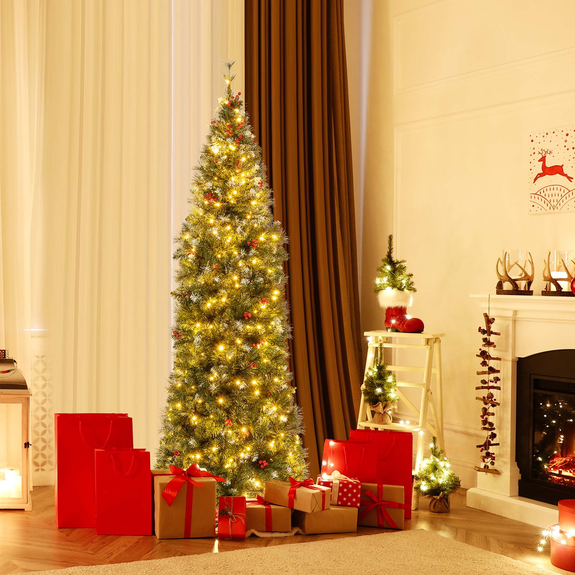 Costway Quick Set 7ft Xmas Pre-Lit Slim Pencil Tree with 350 Lights ...