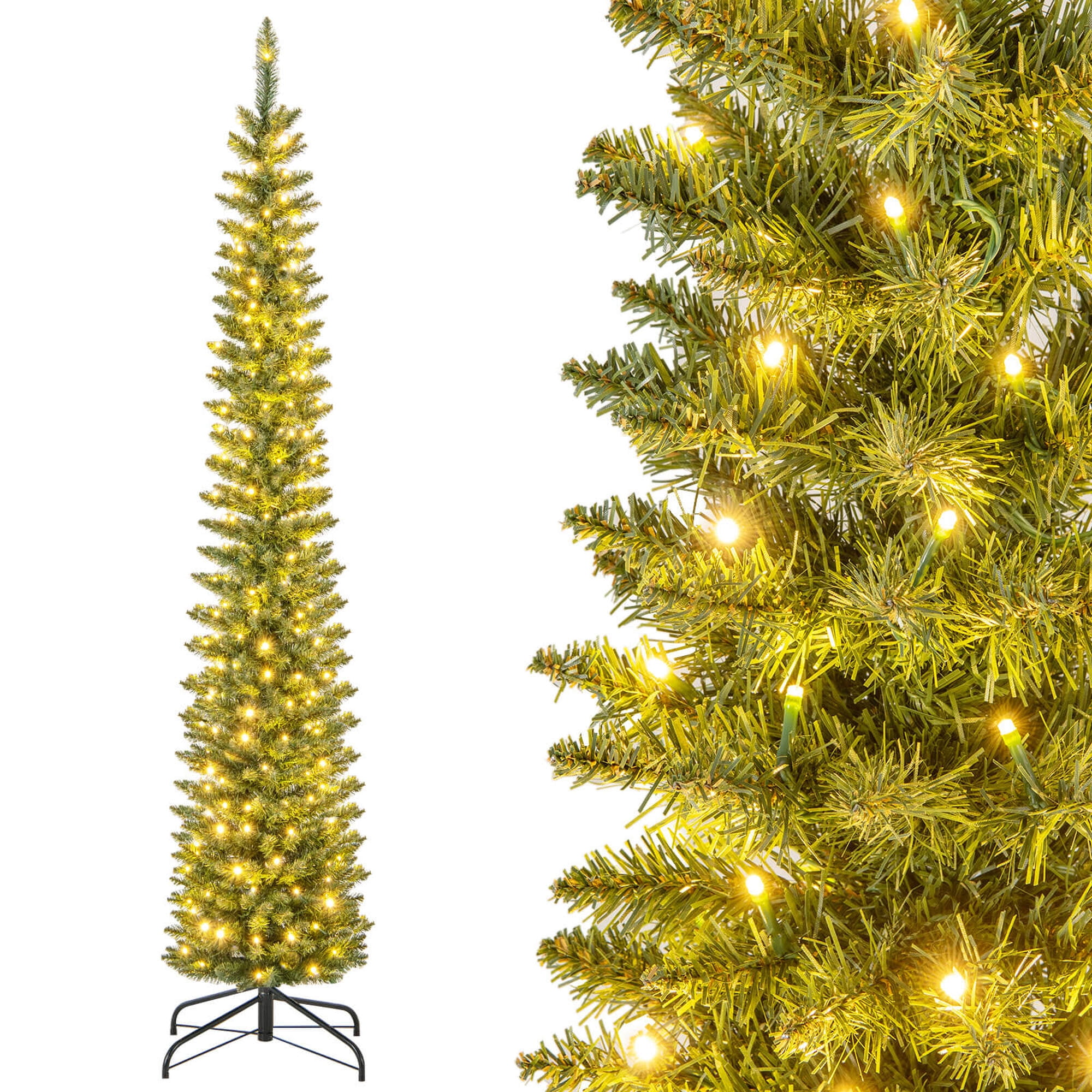 Costway 7ft Slim Pre-Lit Narrow Xmas Pencil Christmas Tree with 200 LED ...