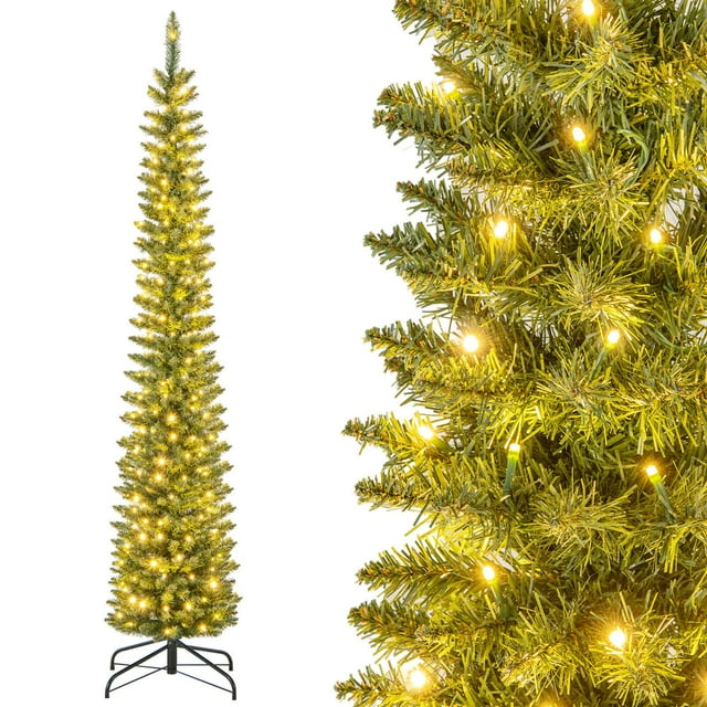 Costway 7ft Slim Pre-Lit Narrow Xmas Pencil Christmas Tree with 200 LED ...