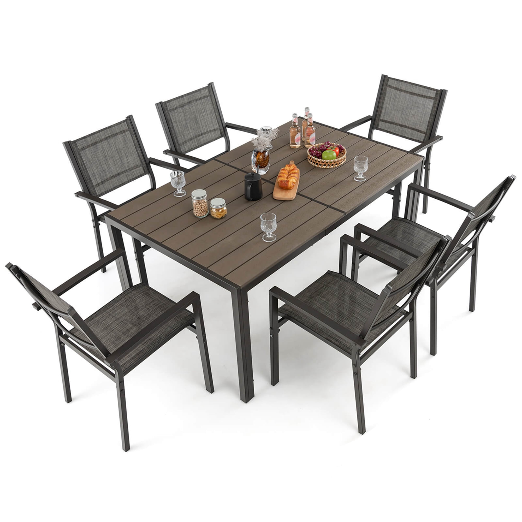 Costway 7 PCS Outdoor Dining Set with 6 Stackable Chairs & Large ...
