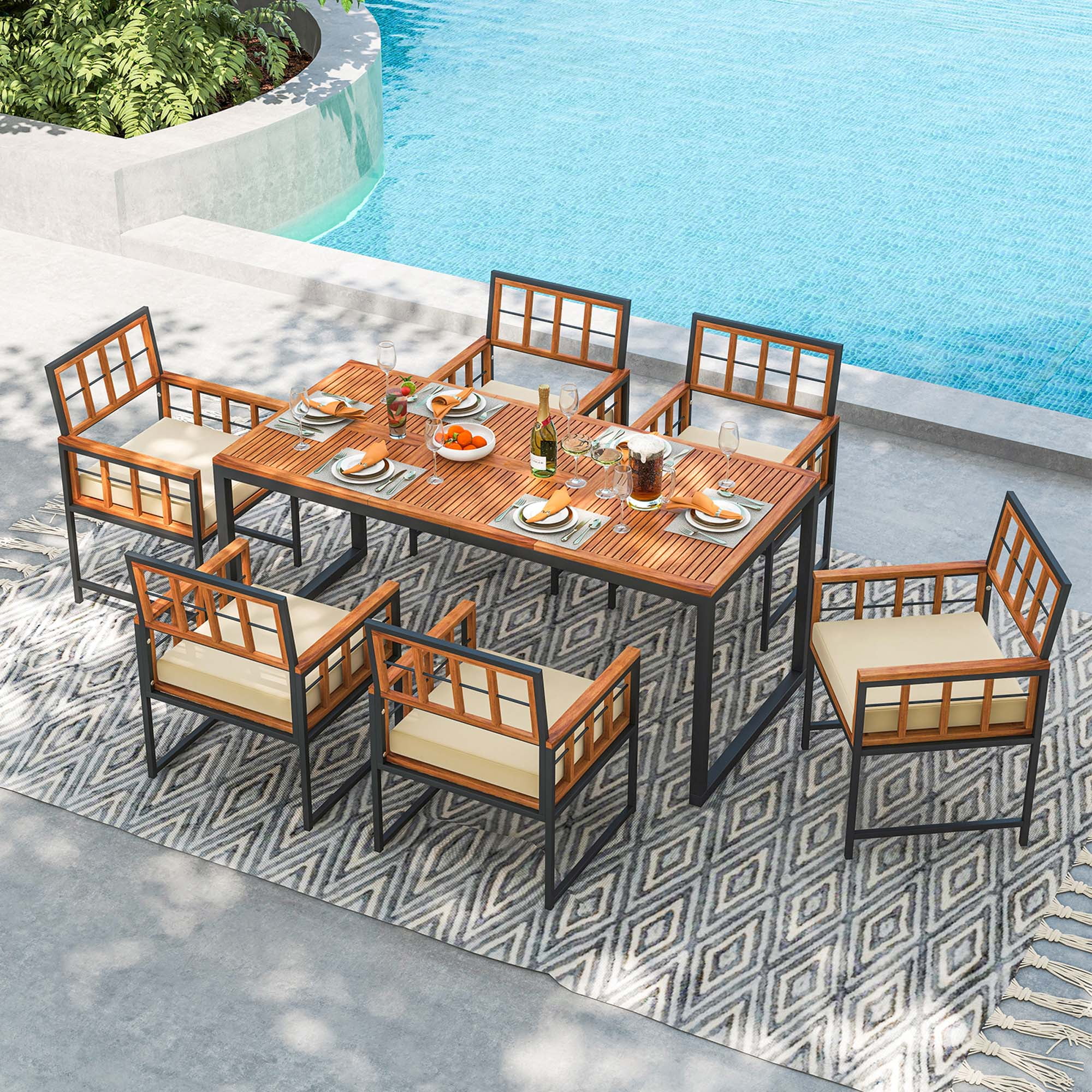 Costway 7PCS Outdoor Patio Dining Set, Acacia Wood Table, Soft Cushions ...