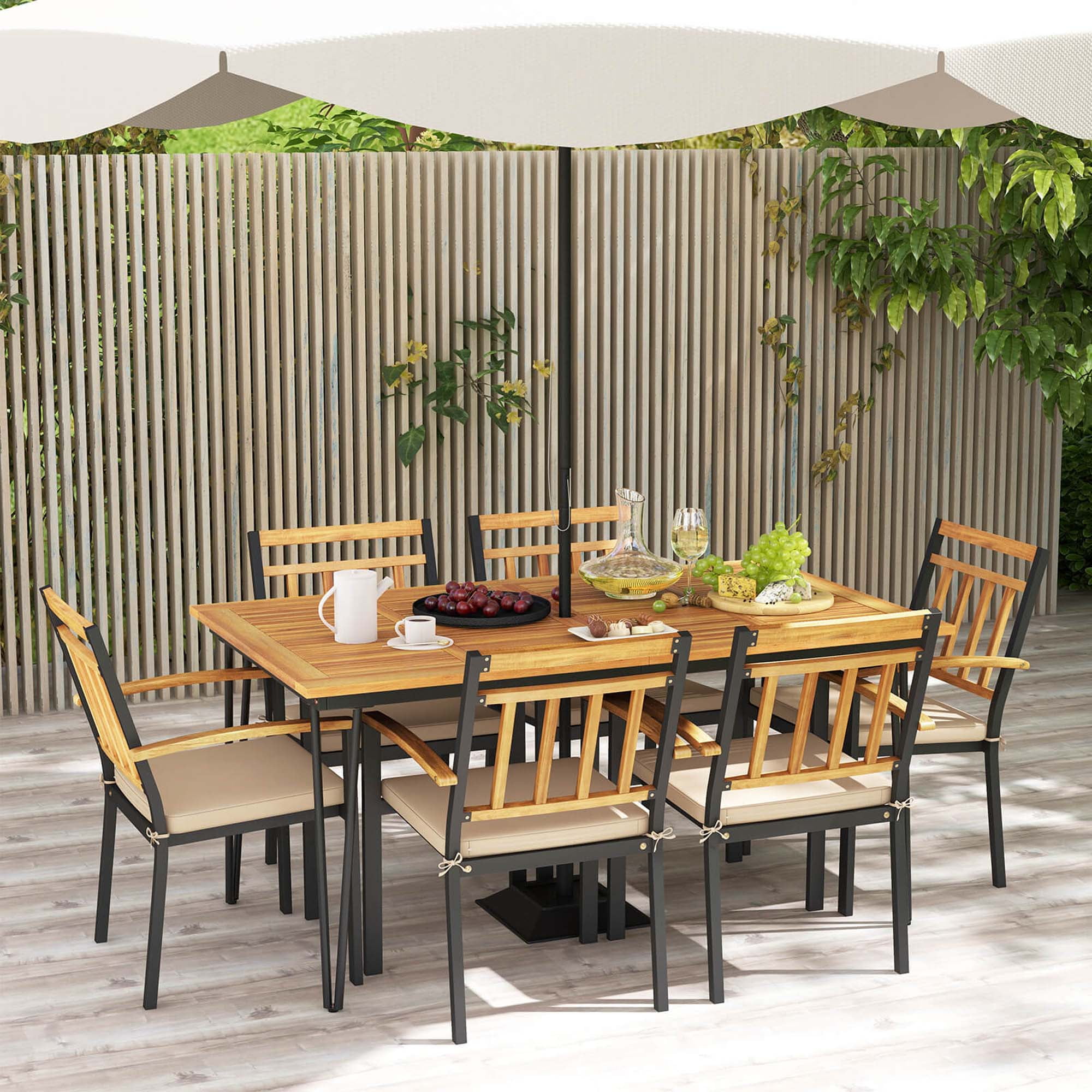 Costway 7 PCS Patio Dining Set with Acacia Wood Dining Table Rattan ...