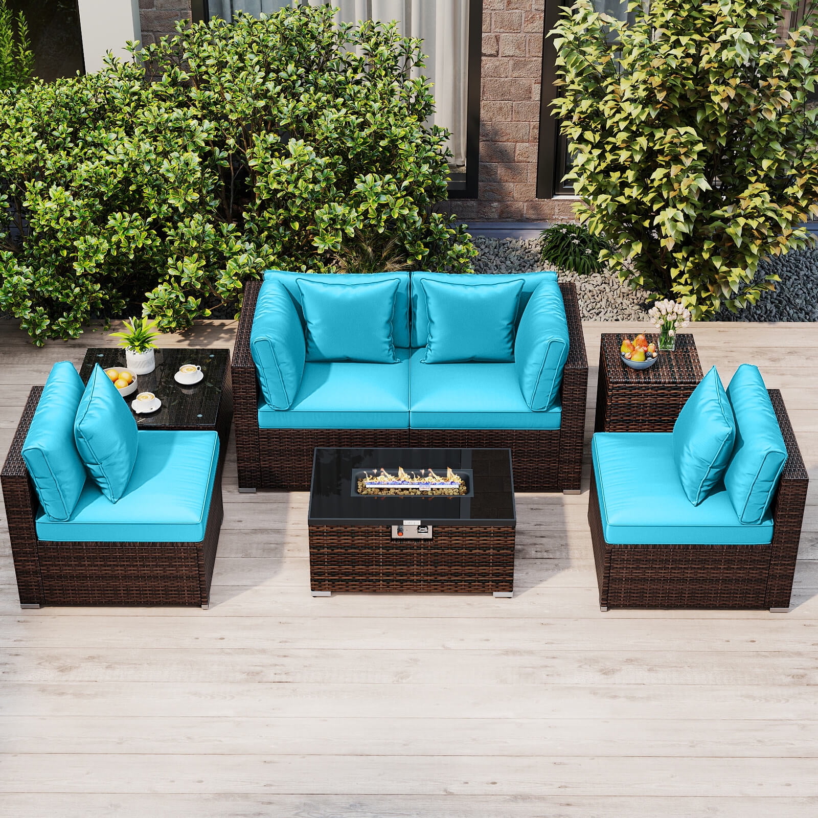 Costway 7 PCS Patio Furniture Set 40,000 BTU Gas Fire Pit Table Propane ...