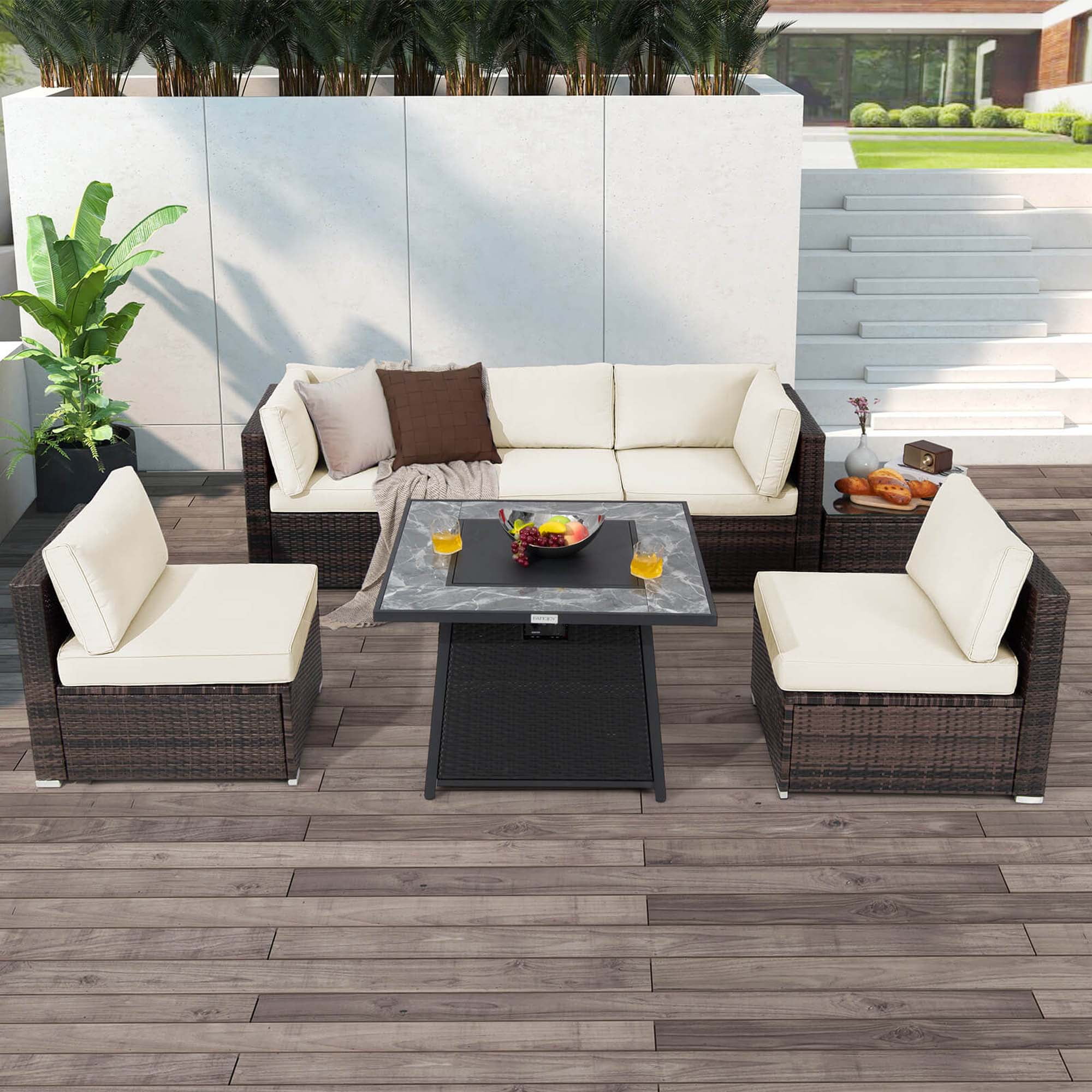 Costway 7 PCS Patio Furniture Set with 35" Propane Gas Fire Pit Table ...