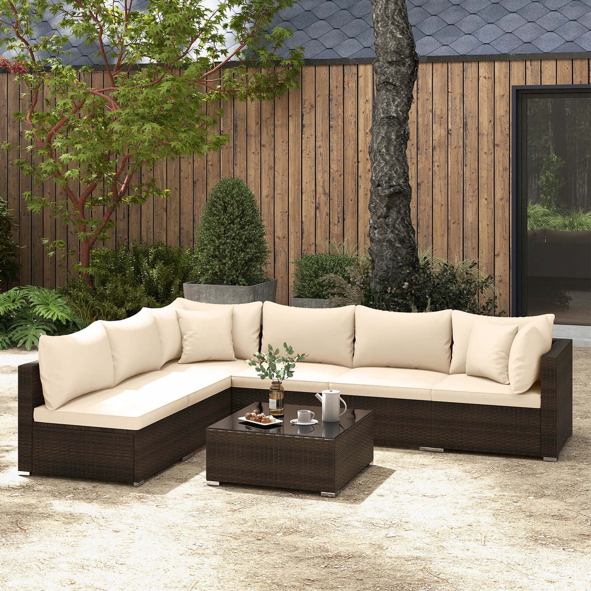 Costway 7 PCS Patio Rattan Furniture Set Sectional Sofa Cushioned ...