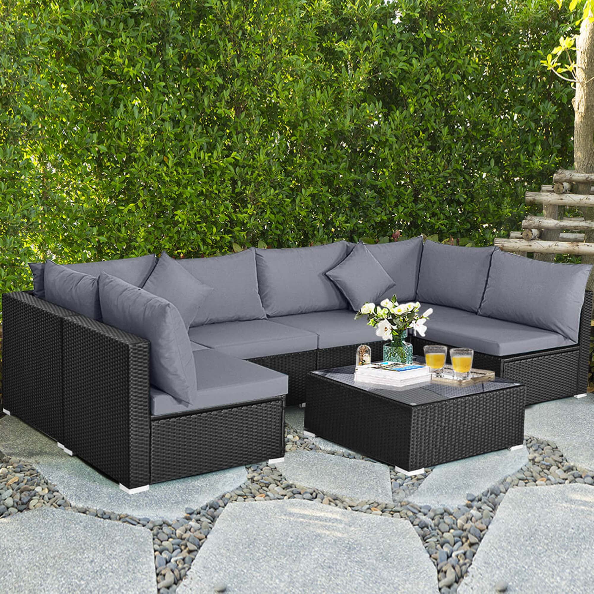 Costway 7 PCS Patio Rattan Sofa Set Sectional Conversation Furniture ...