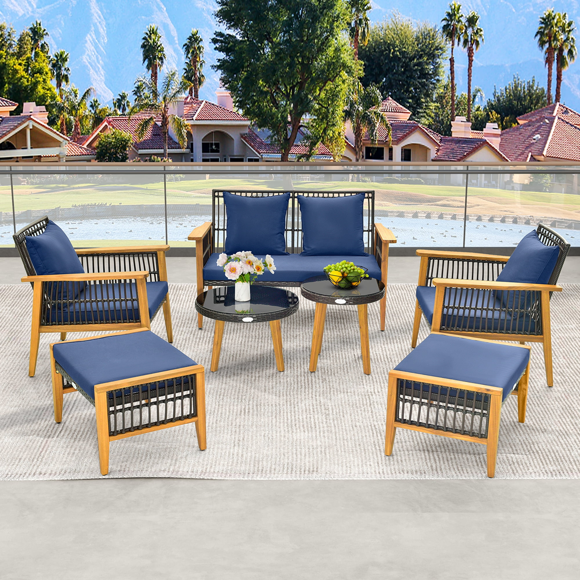 Costway 7 Piece Conversation Set Rattan Woven Chair Set with 2 Coffee ...