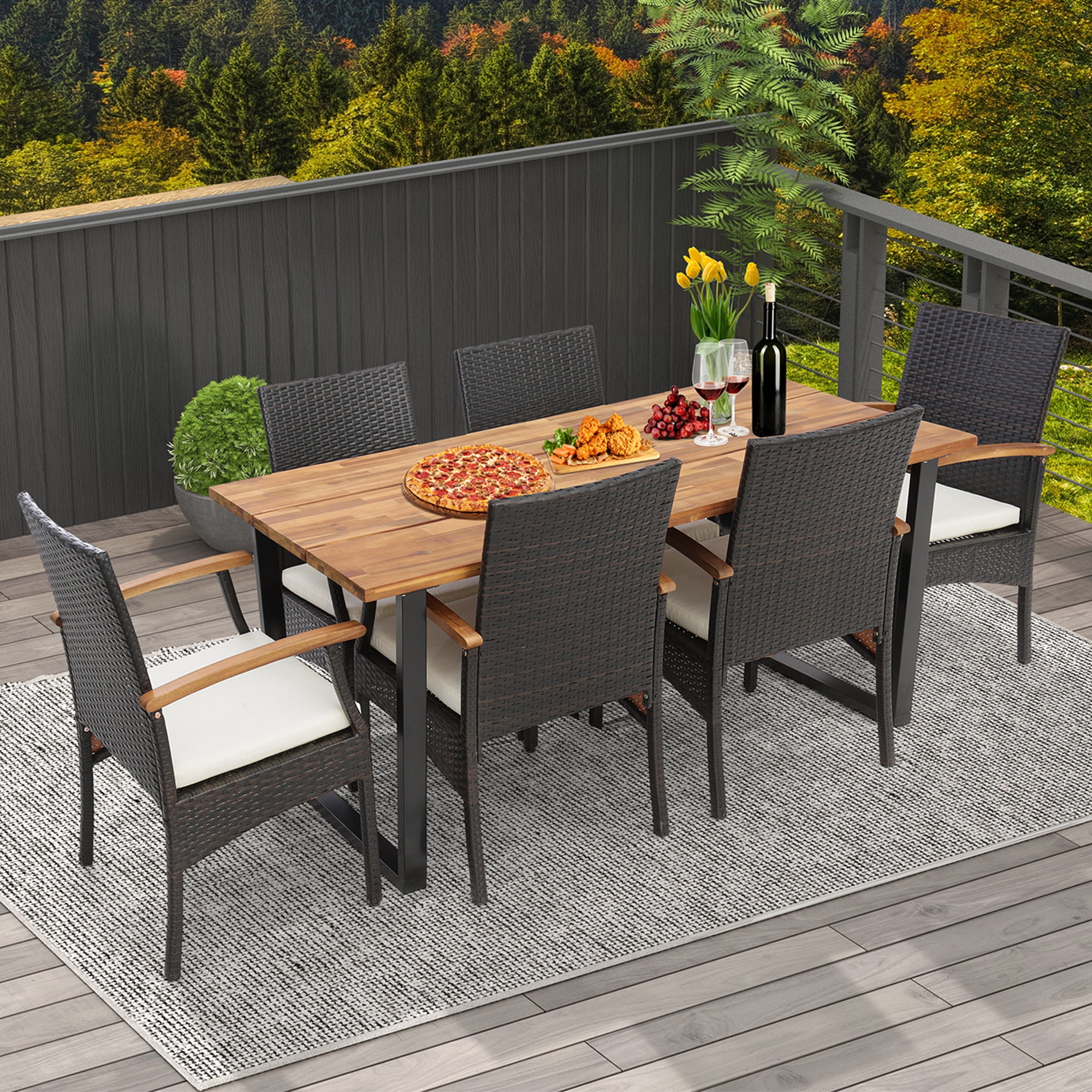 Costway 7pc Patio Rattan Dining Set Acacia Wood Table 6 Wicker Chairs ...