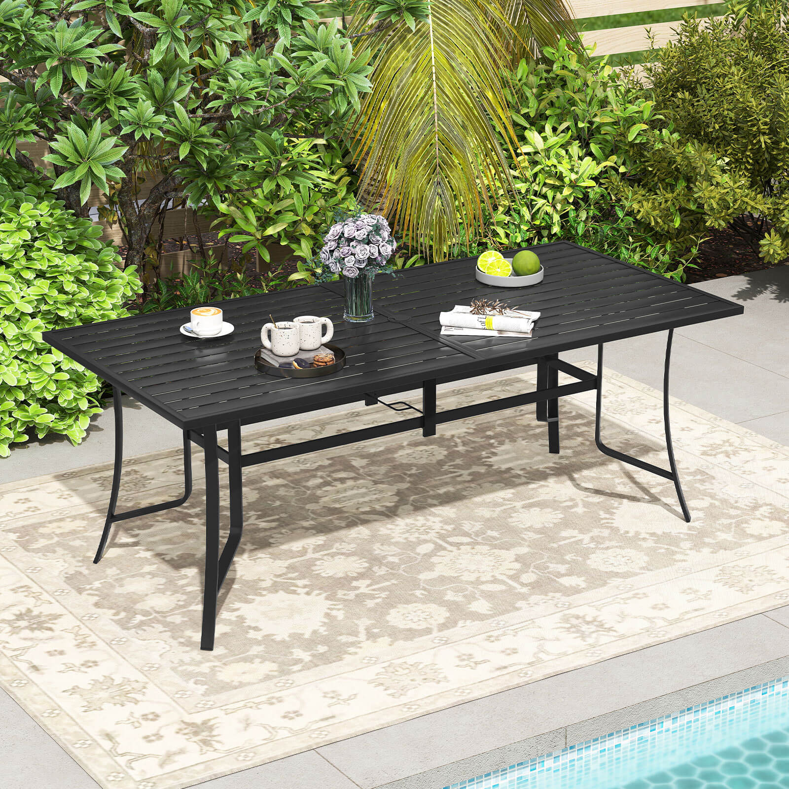 Costway 76” x 36” Rectangle Patio Dining Table with Umbrella Hole for ...