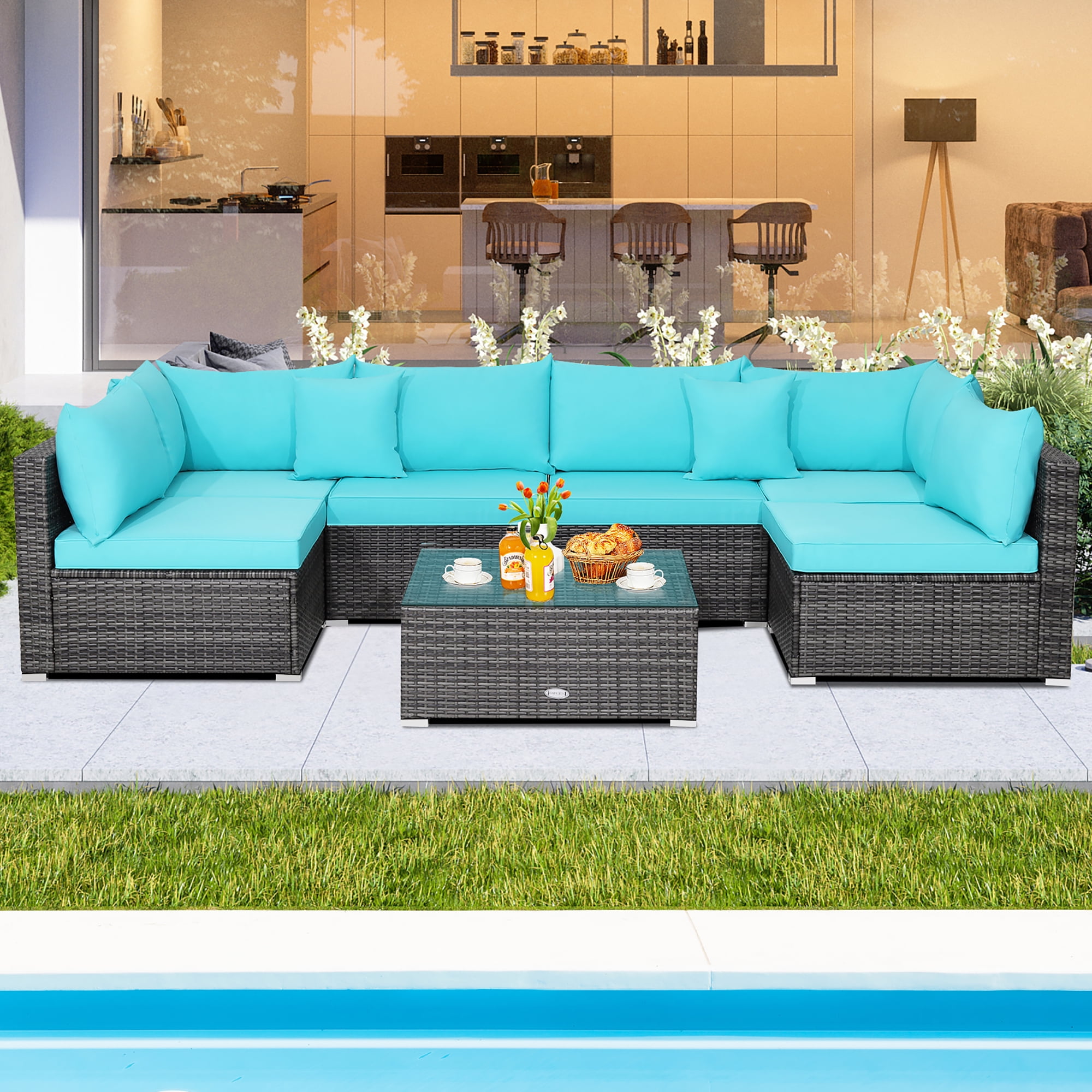 Costway 7PCS Outdoor Seating Patio Rattan Furniture Set, Sectional Sofa ...