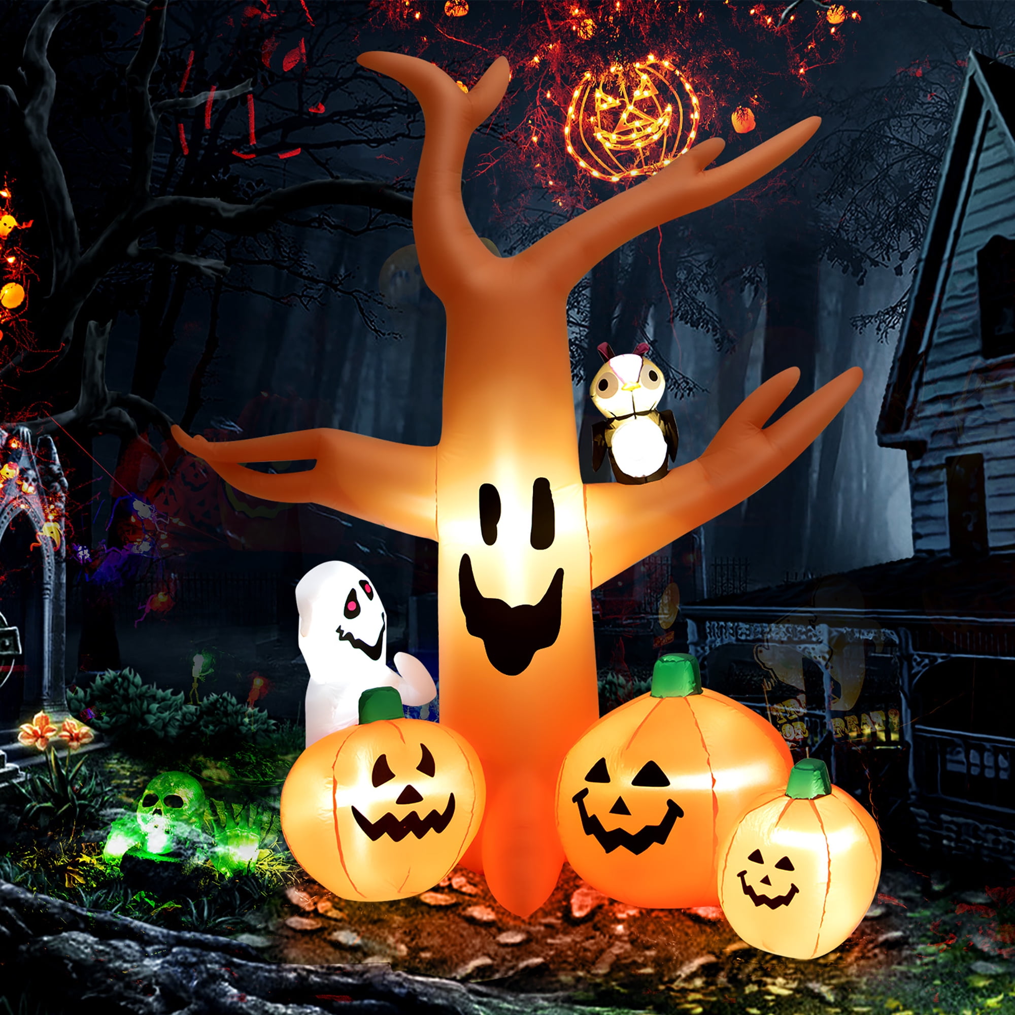 Costway 8 FT Outdoor Halloween Inflatable Dead Tree w/ Ghost & Pumpkins ...