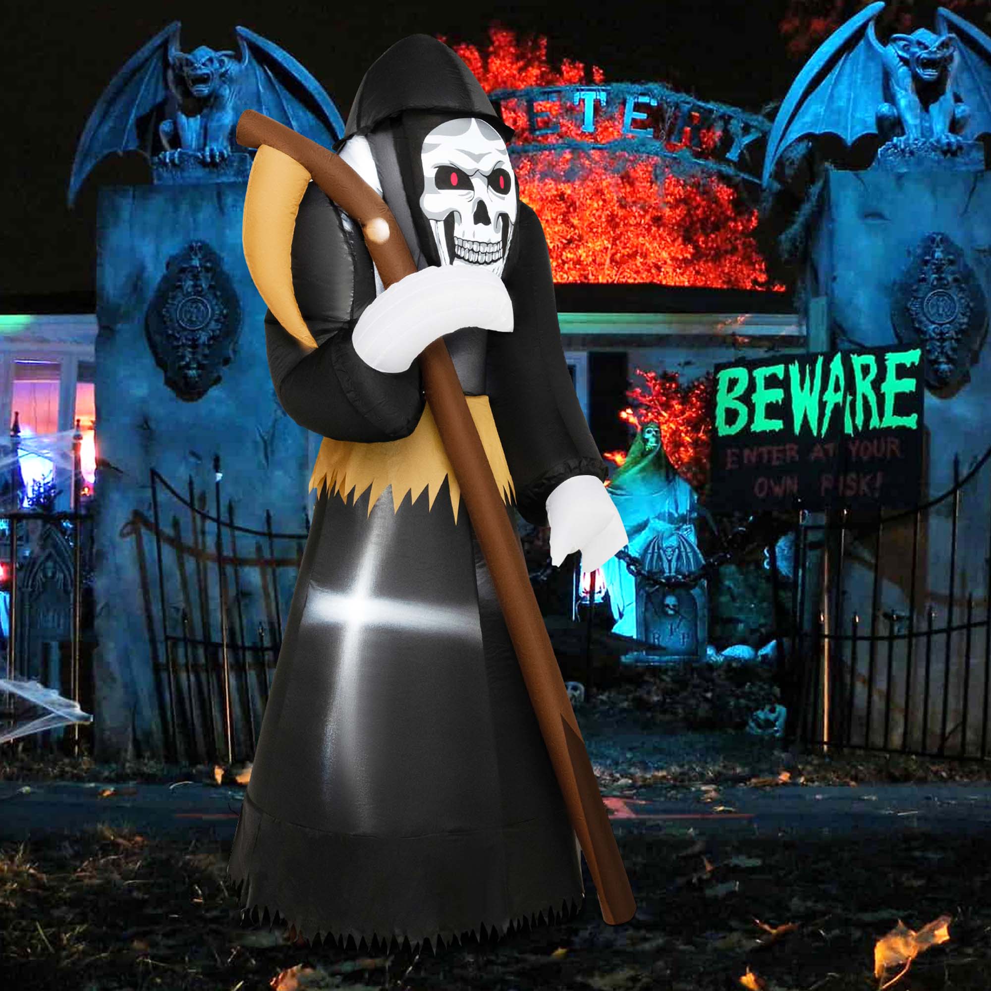 HomCom Pumpkin Reaper Light Up Halloween Yard Inflatable, with LED ...