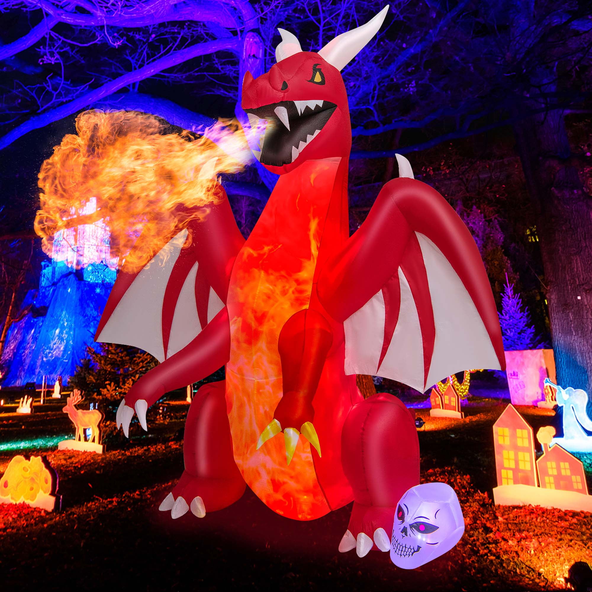 Costway 8ft Halloween Inflatable Red Dragon, Outdoor Blow Up Yard ...