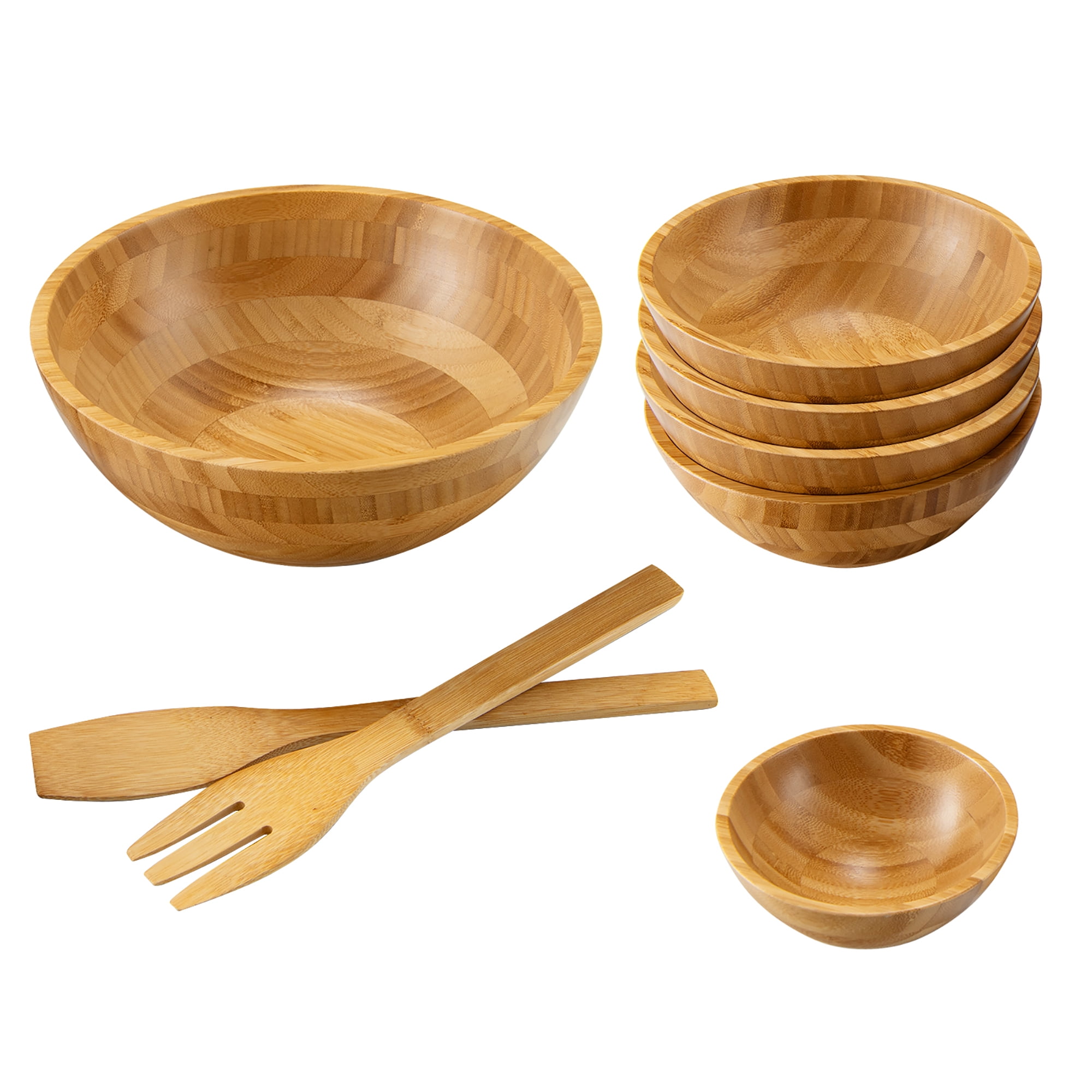 Costway 8Pcs Bamboo Extra Large Salad Bowl Set with Server Utensils For ...