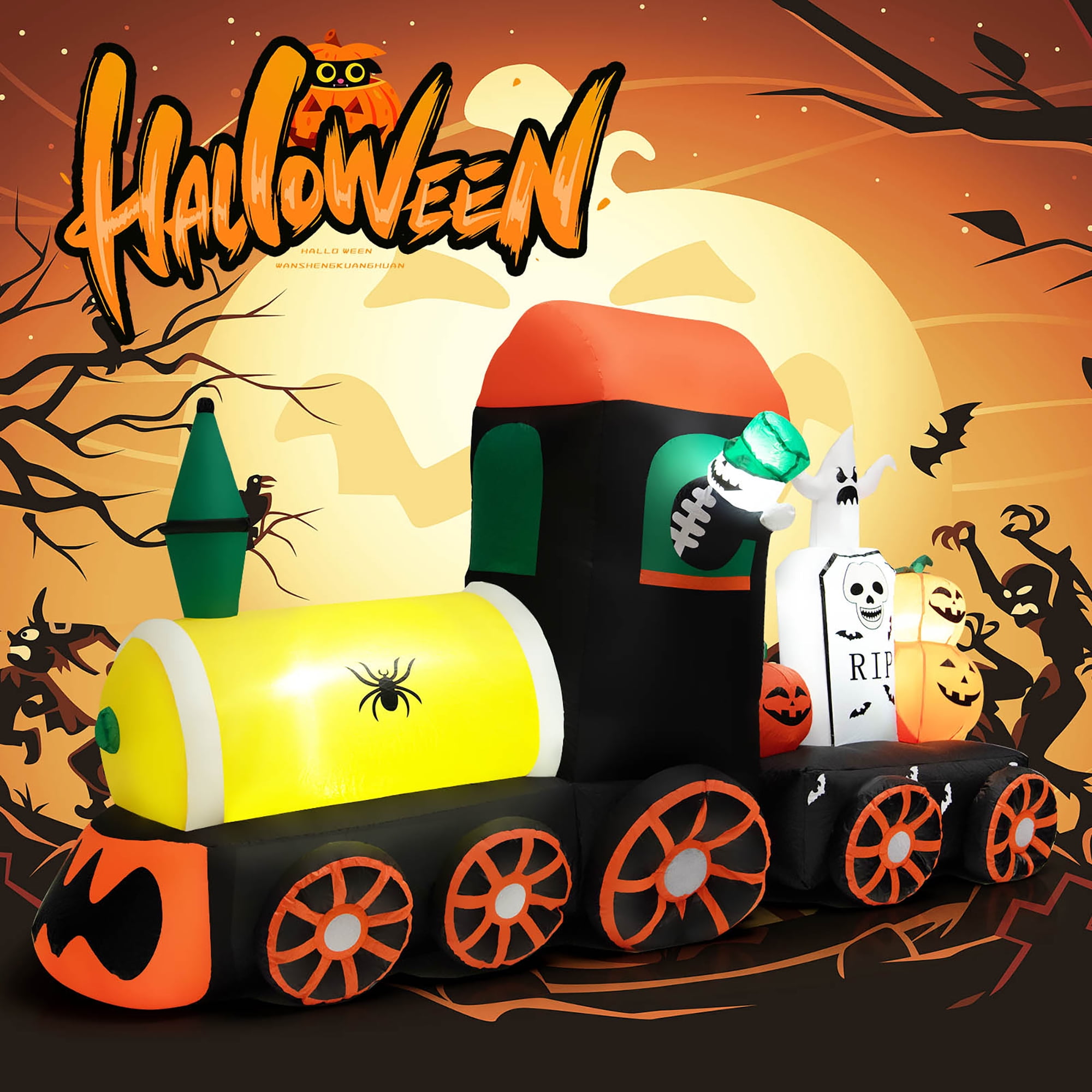 Costway 8ft Spooky Halloween Skeleton and Ghost Pumpkin Train, LED ...