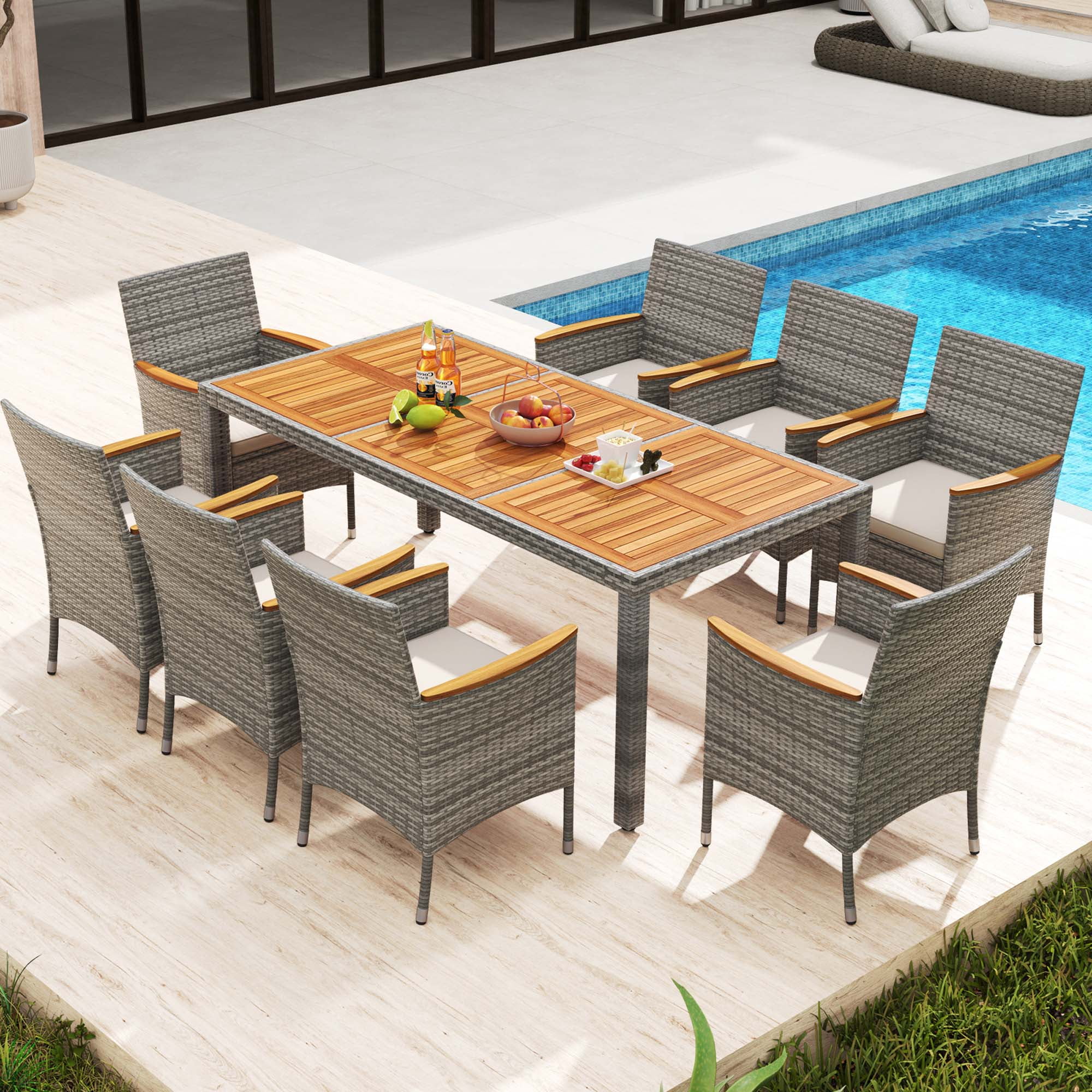 Costway 9 PCS Patio Dining Set for 8 Table and PE Rattan Chairs with 2" Umbrella Hole White ...