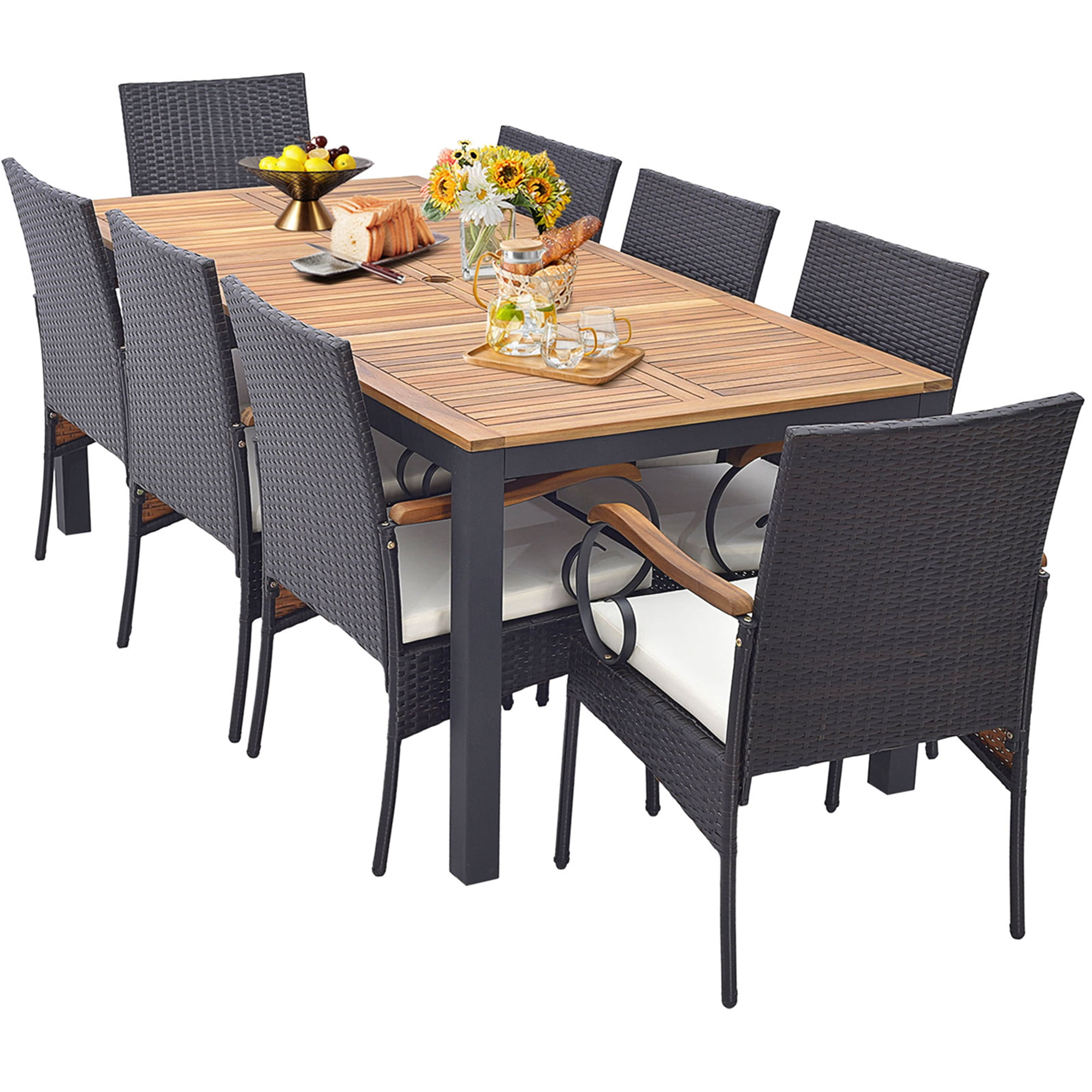 Costway 9 PCS Patio Rattan Dining Set with Acacia Wood Table, Cushions, 1.9" Umbrella Hole ...