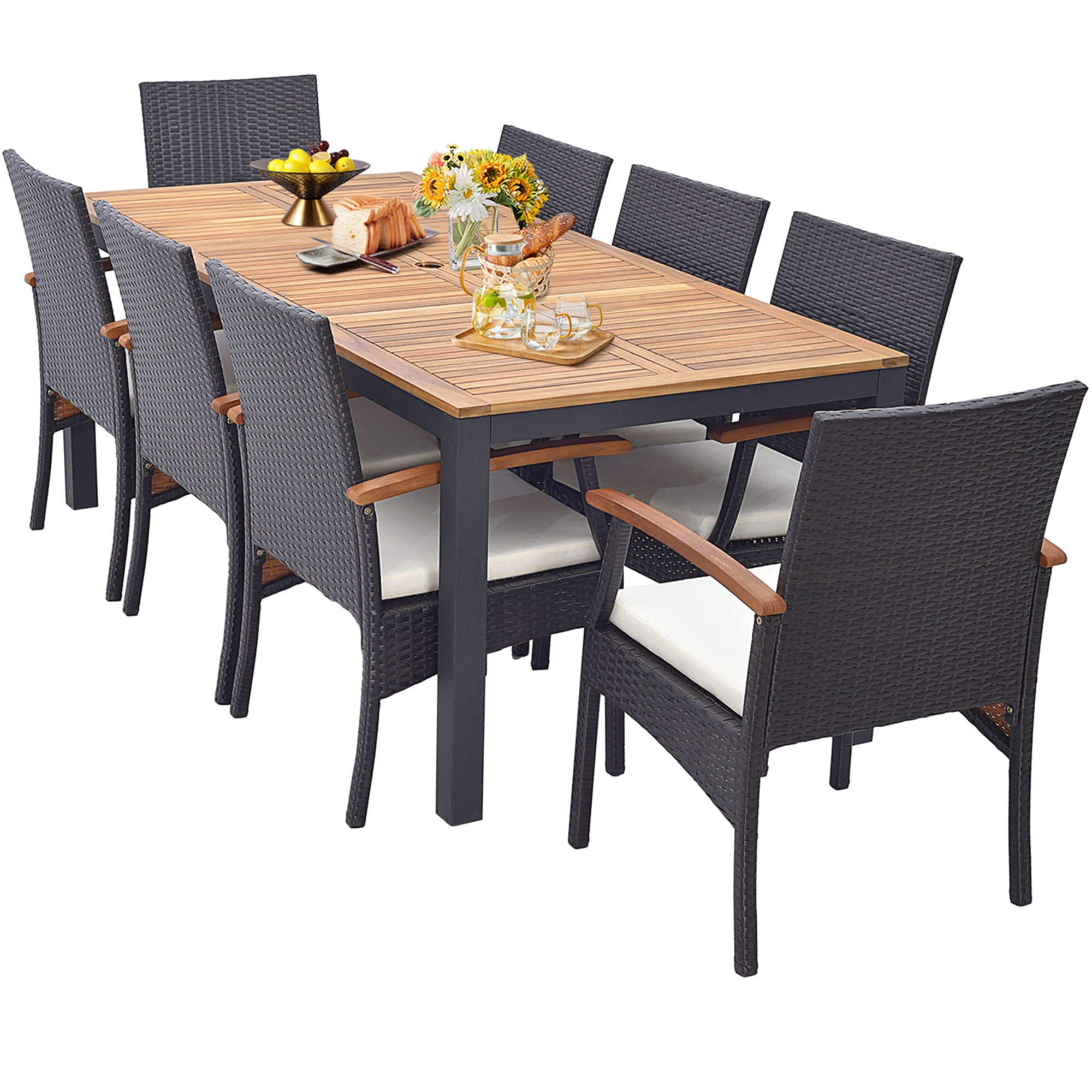 Costway 9 PCS Patio Rattan Dining Set with Acacia Wood Table, Cushions, 1.9" Umbrella Hole ...