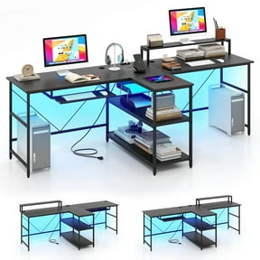 Reversible Office Desk with LED Lights & Charging Station, L-Shaped ...