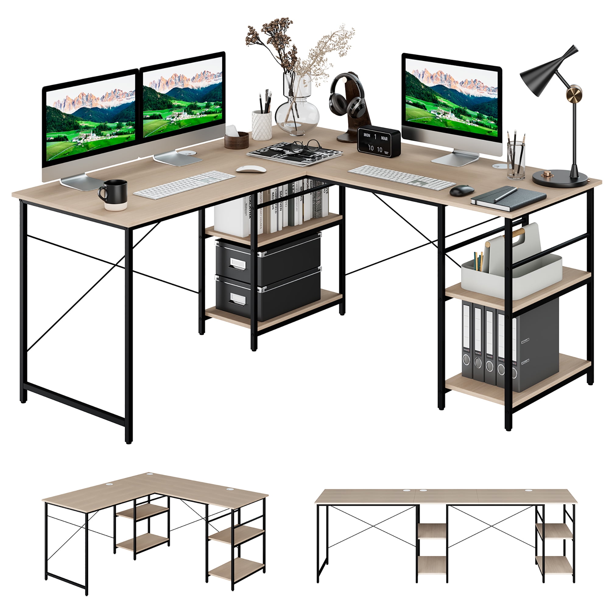 Costway 95'' Convertible L-shaped Corner Computer Desk, 2-Person Long ...