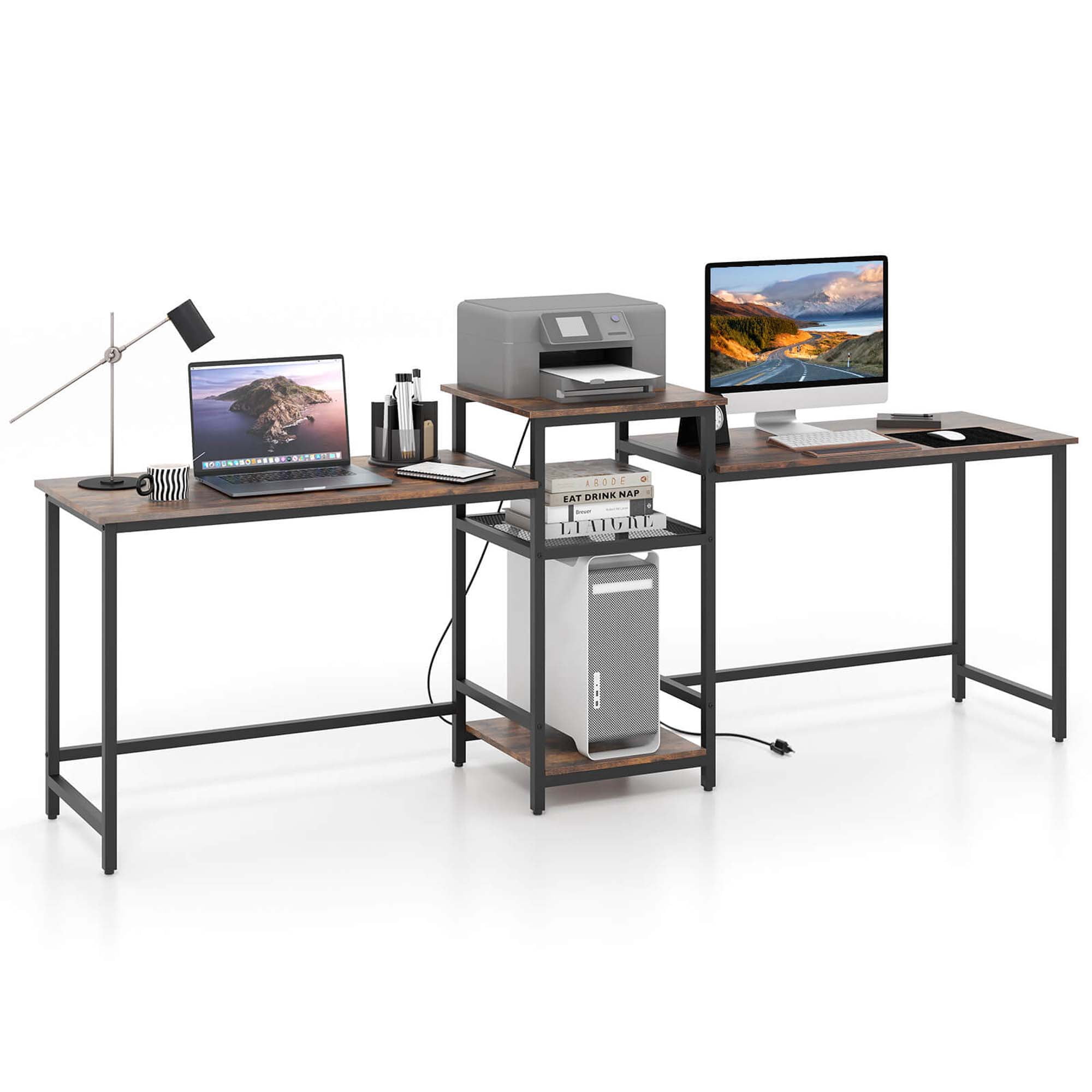Costway 97 Inch Two Person Desk Double Computer Desk with Power Outlets ...