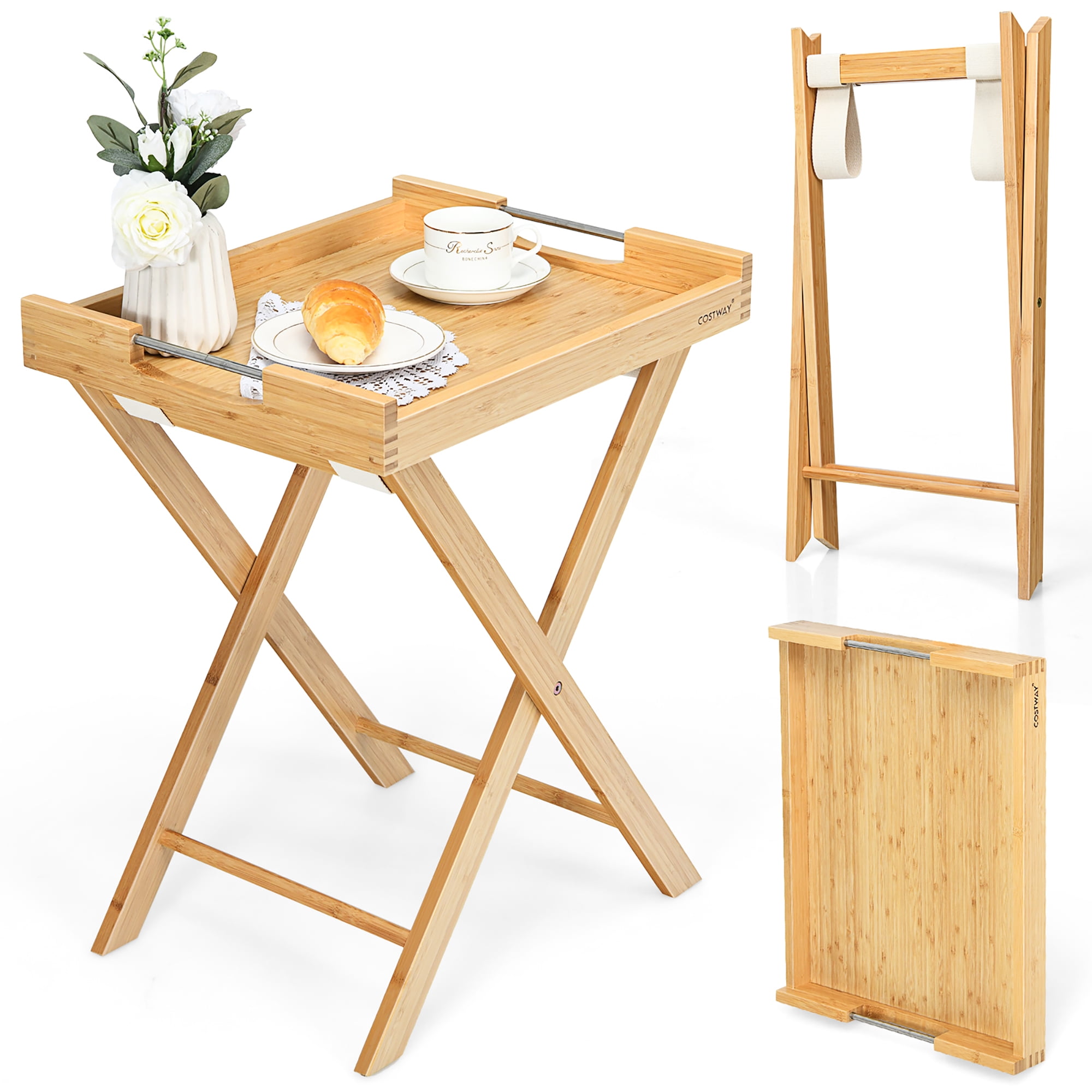 Costway Bamboo Lipped Snack Side Table Multi Functional Small Folding ...