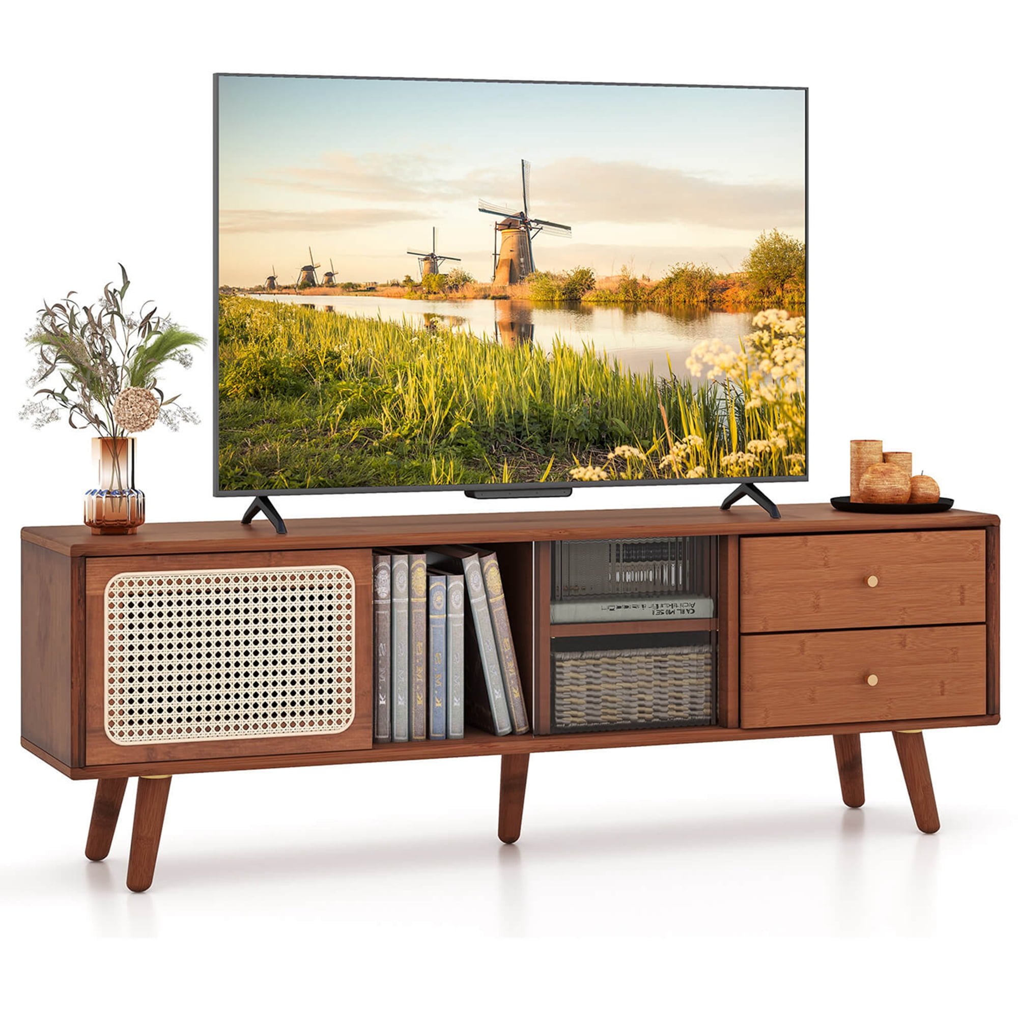 Costway Bamboo TV Stand Console Table with PE Rattan Door & 2 Drawers ...