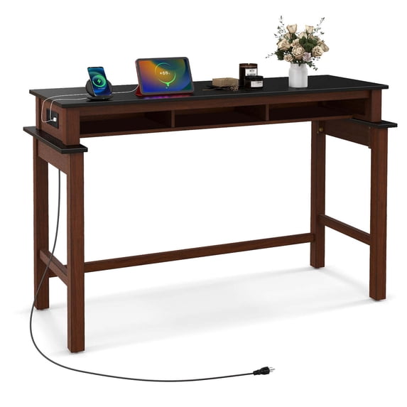 Costway Bar Table with Power Outlets Counter Height Table with Storage ...