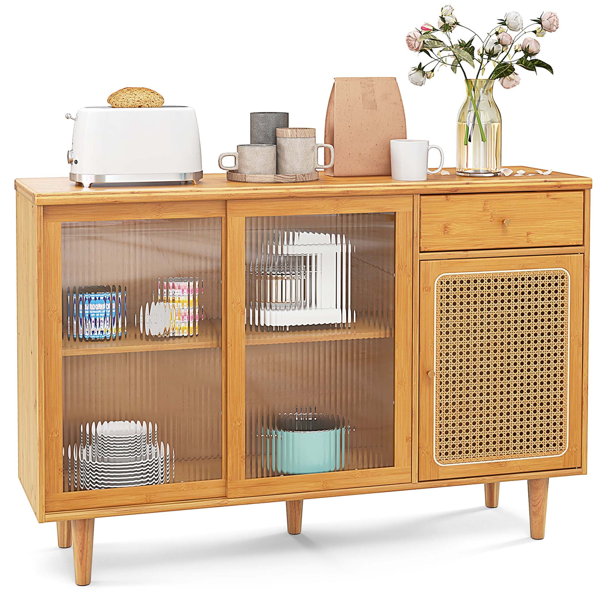 Costway Modern Furniture Buffet Sideboard Dining Room Cabinet with Rattan Console Sliding Doors Storage Drawer Walmart