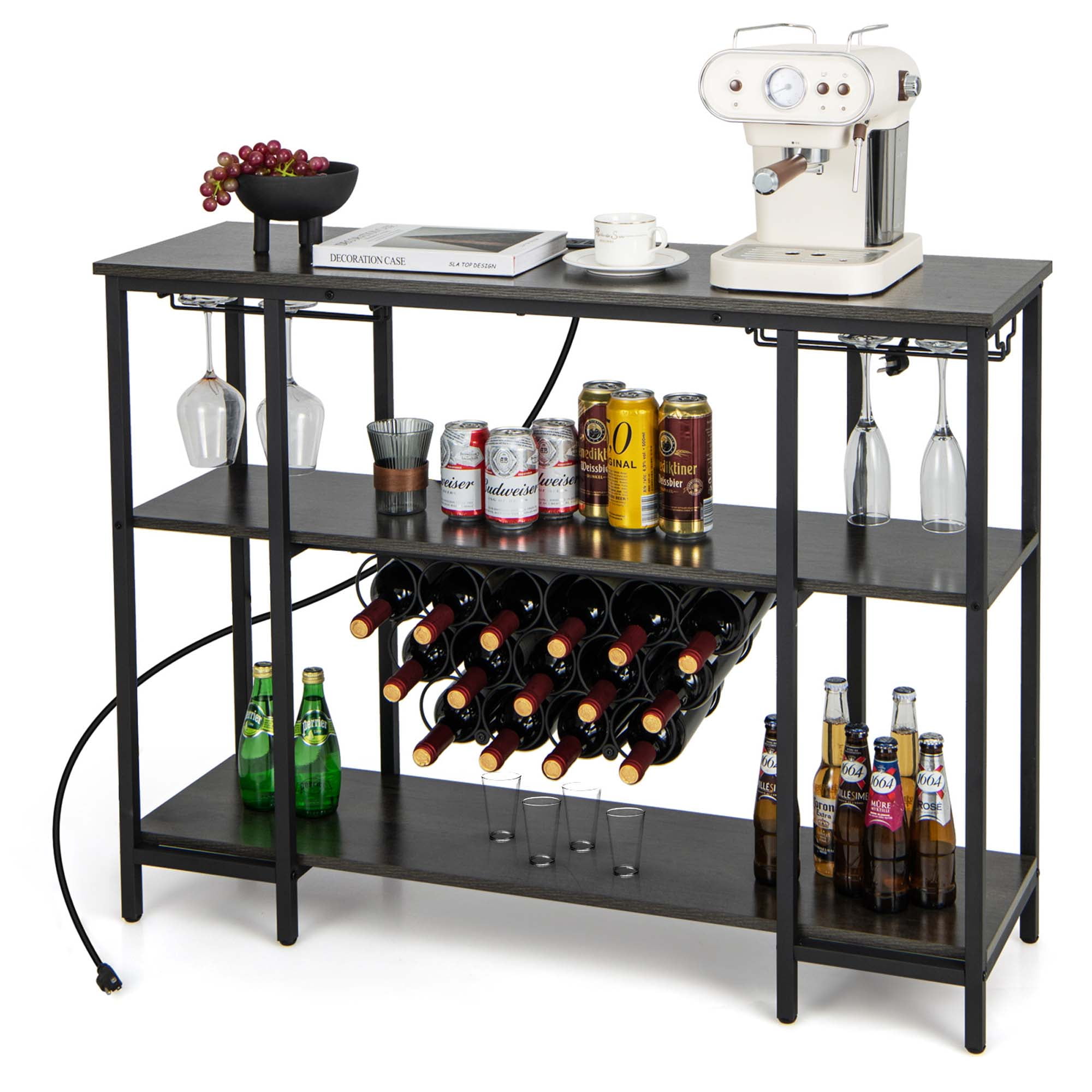 Costway Cabinet Bar Table Rack Table for Drinks Glasses with Power ...
