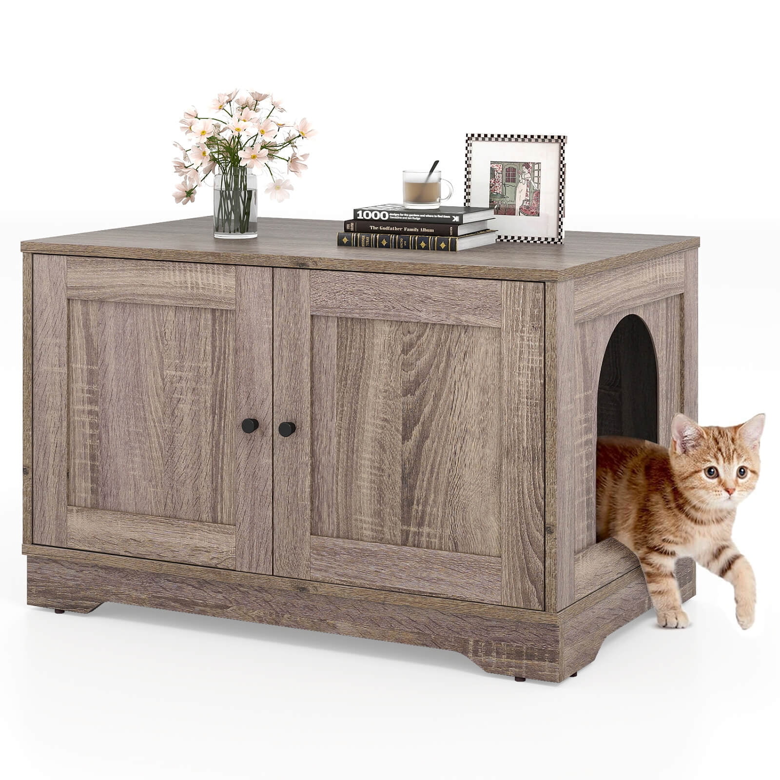 Costway Cat Litter Box Enclosure Furniture with Double Doors Divider ...