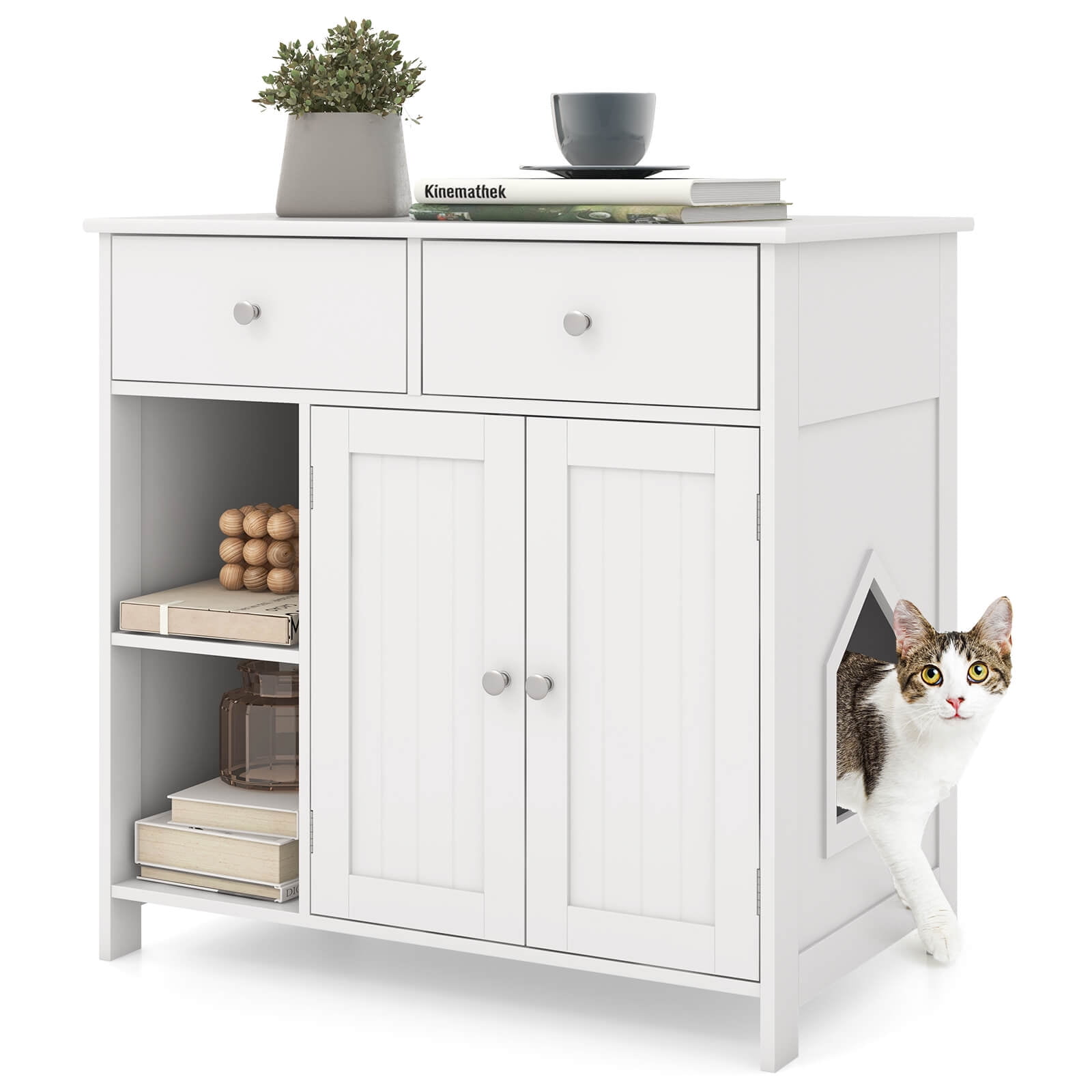 Costway Cat Litter Box Enclosure with 2 Drawers Double Doors Open ...
