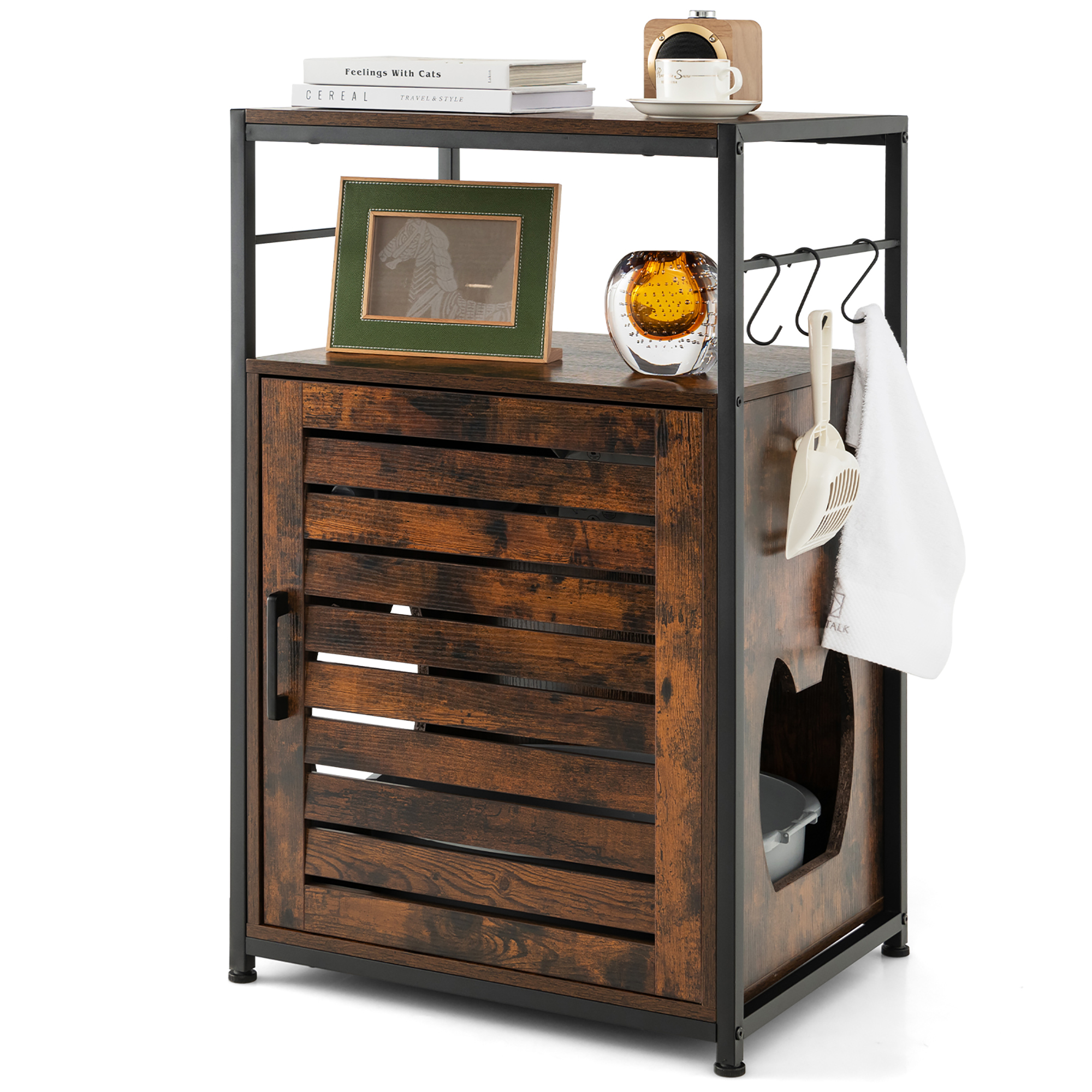 Costway Cat Litter Box Wooden Enclosure Pet House Washroom Storage ...