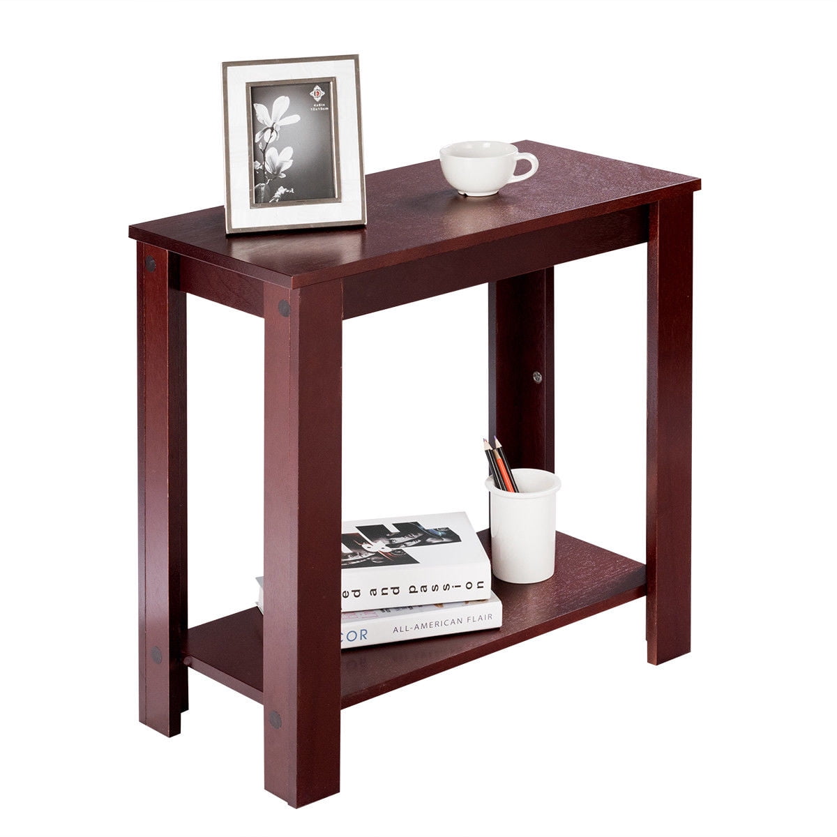 Costway Wooden Chair Side Table with Storage Shelf, Espresso Finish for ...