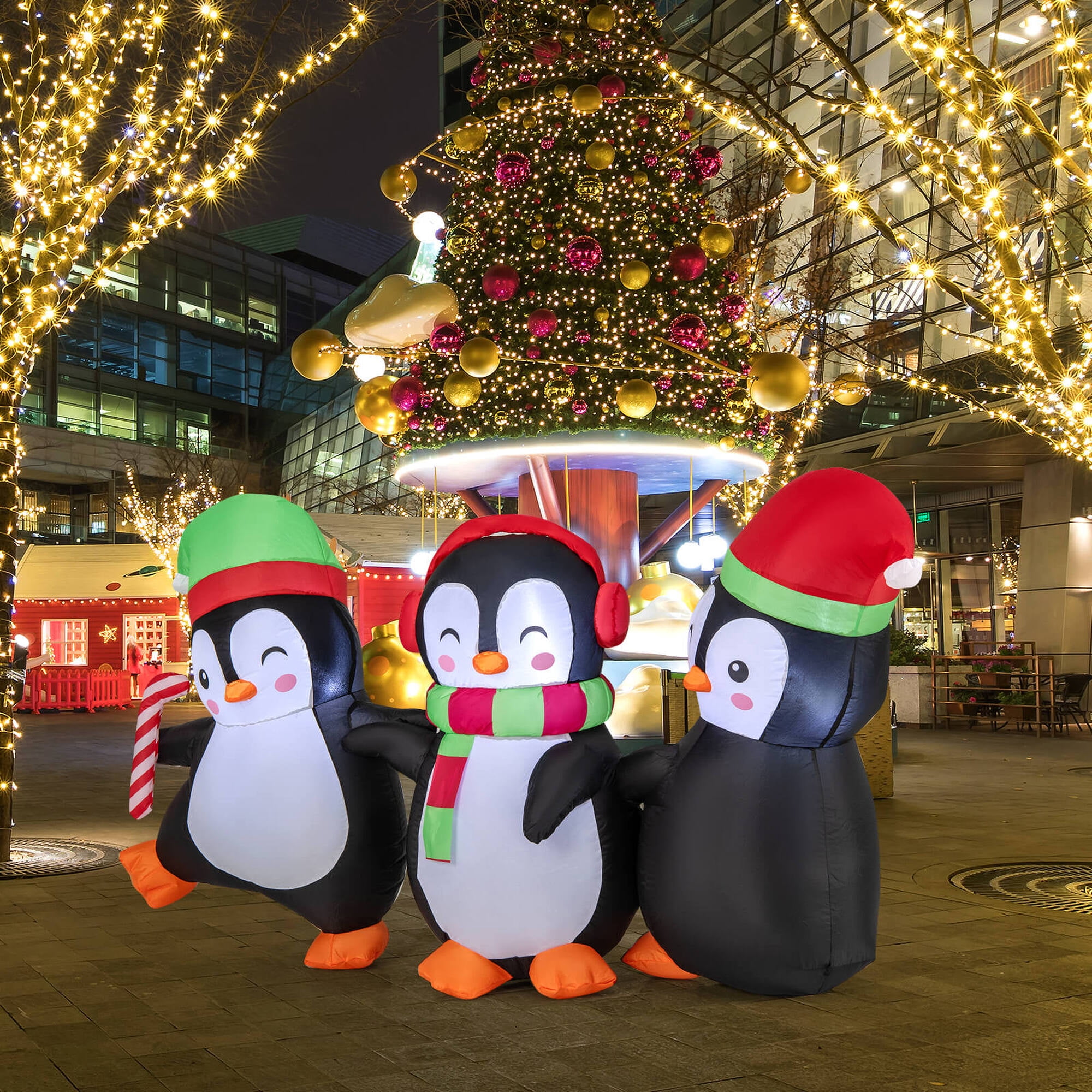 Costway Christmas Inflatable Penguins Family Pre-Lit Festive Inflatable ...