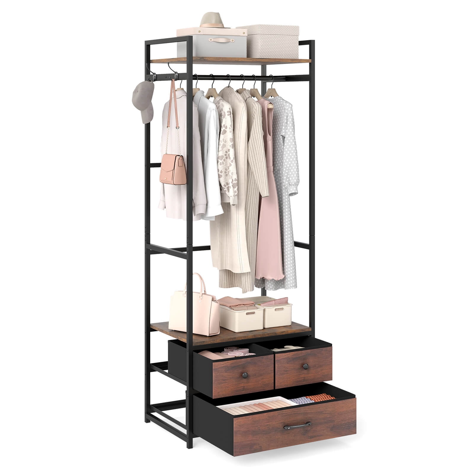 Costway Clothes Rack with Drawers, Shelves, Side Hooks, Metal Frame for ...