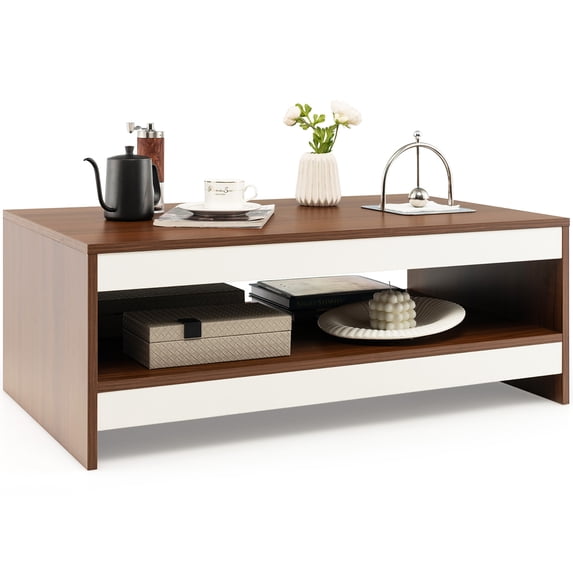 Costway 2-Tier Wood Coffee Table w/ Spacious Storage Shelf - Living ...