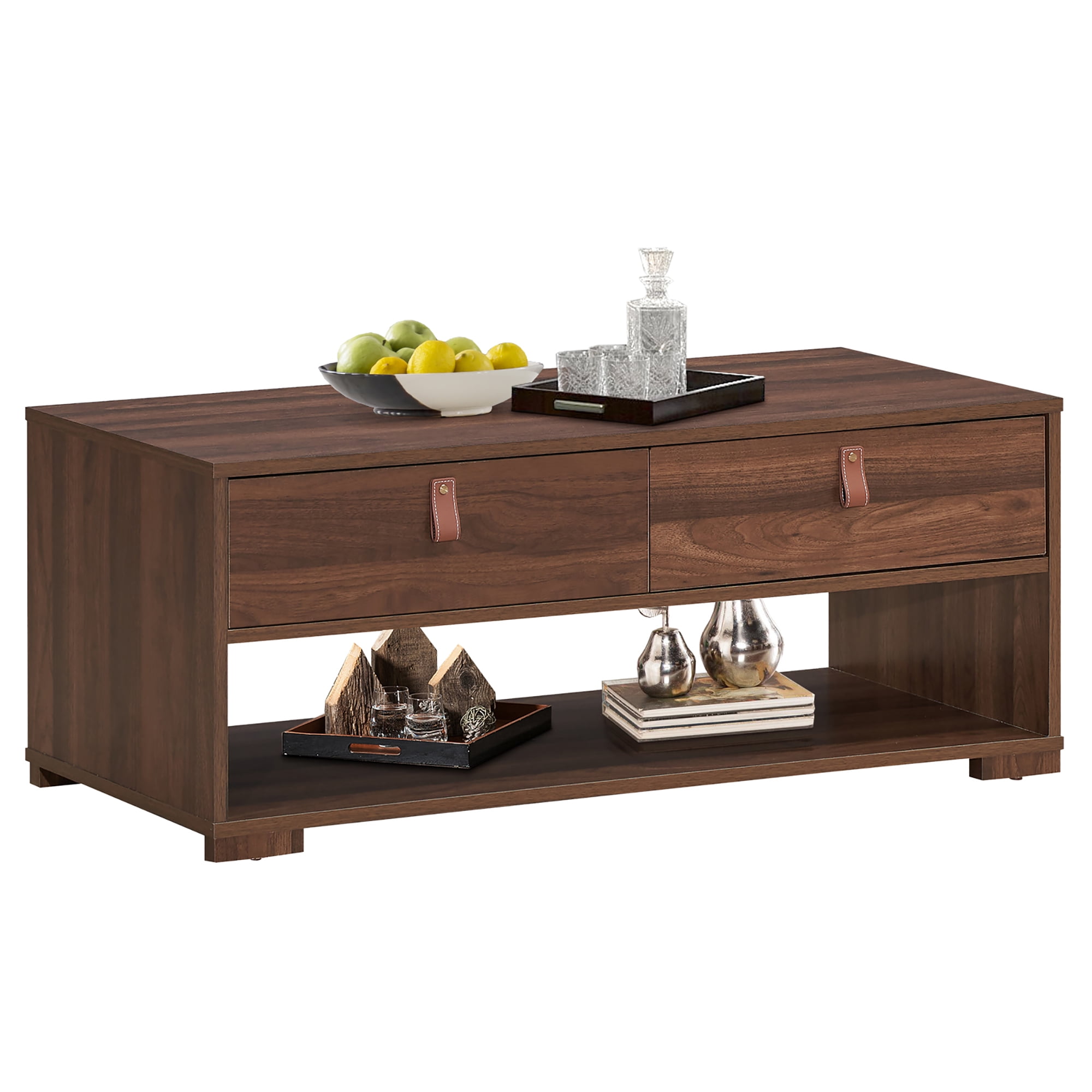 Costway Coffee Table, Walnut Wood Accent Cocktail Table, 2 Drawers ...