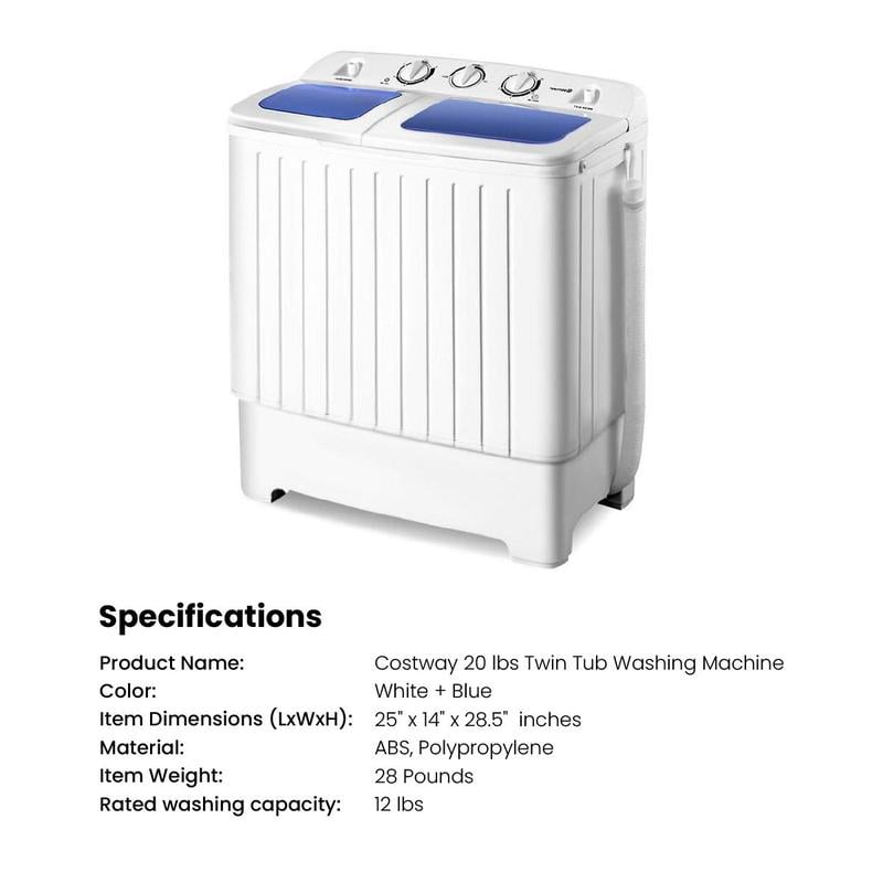 Compact Twin Tub Washing Machine, White, Durable Material, Control ...